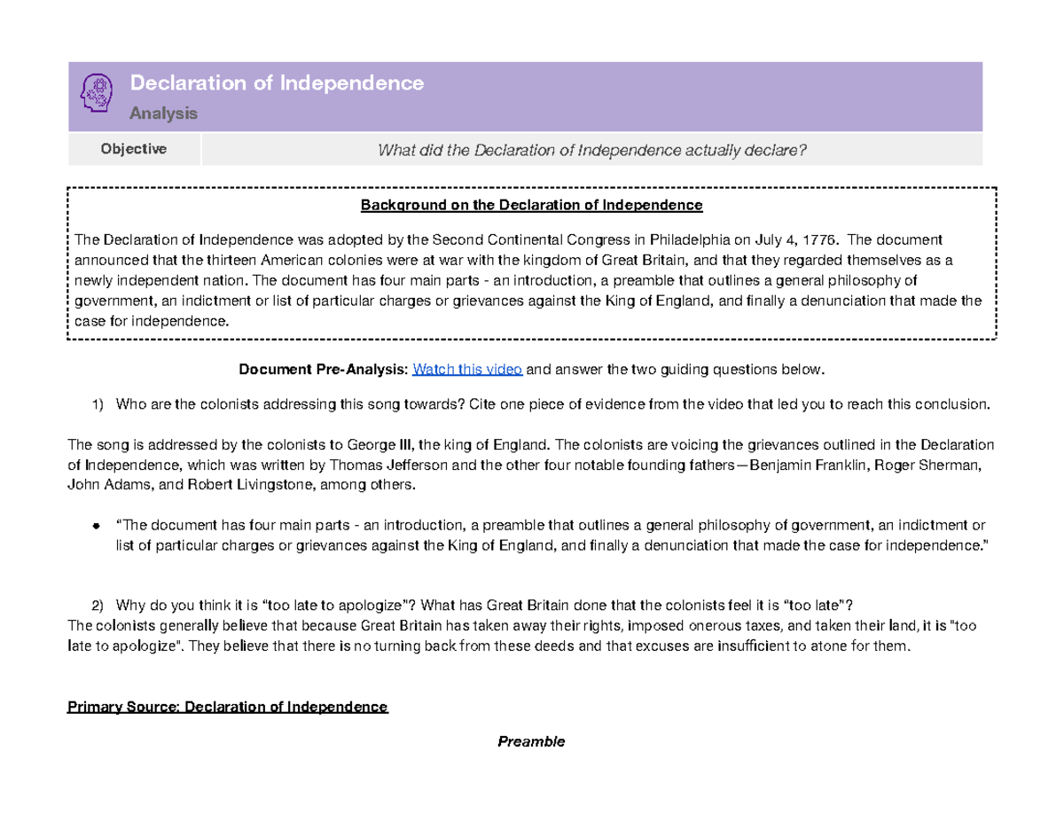 Copy of Unit 2 Analysis Declaration of Independence 3 - Declaration of ...