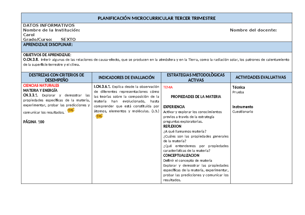 Planificacion Microcurricular CCNN - PLANIFICACIÓN MICROCURRICULAR TERCER TRIMESTRE DATOS - Studocu