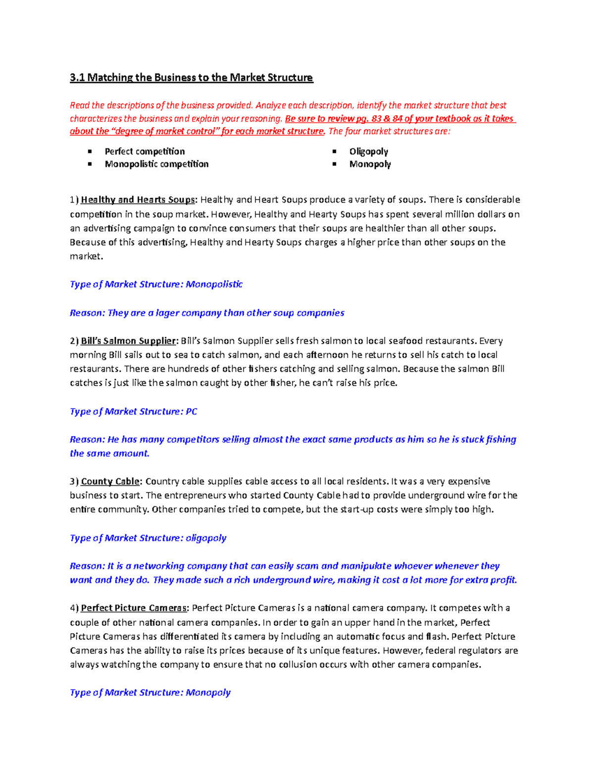 3.1 Market Structures Practice Handout - 3 Matching the Business to the ...