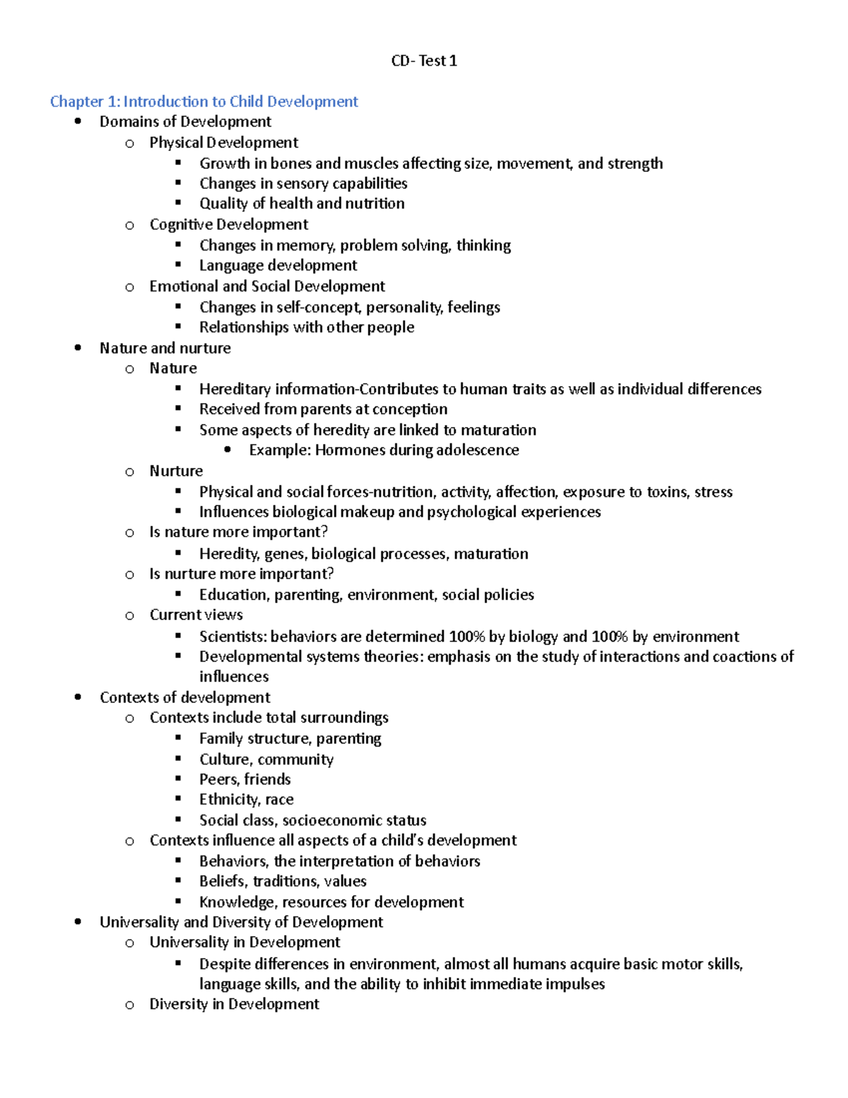CD Test 1 - CD- Test 1 Chapter 1: Introduction to Child Development ...