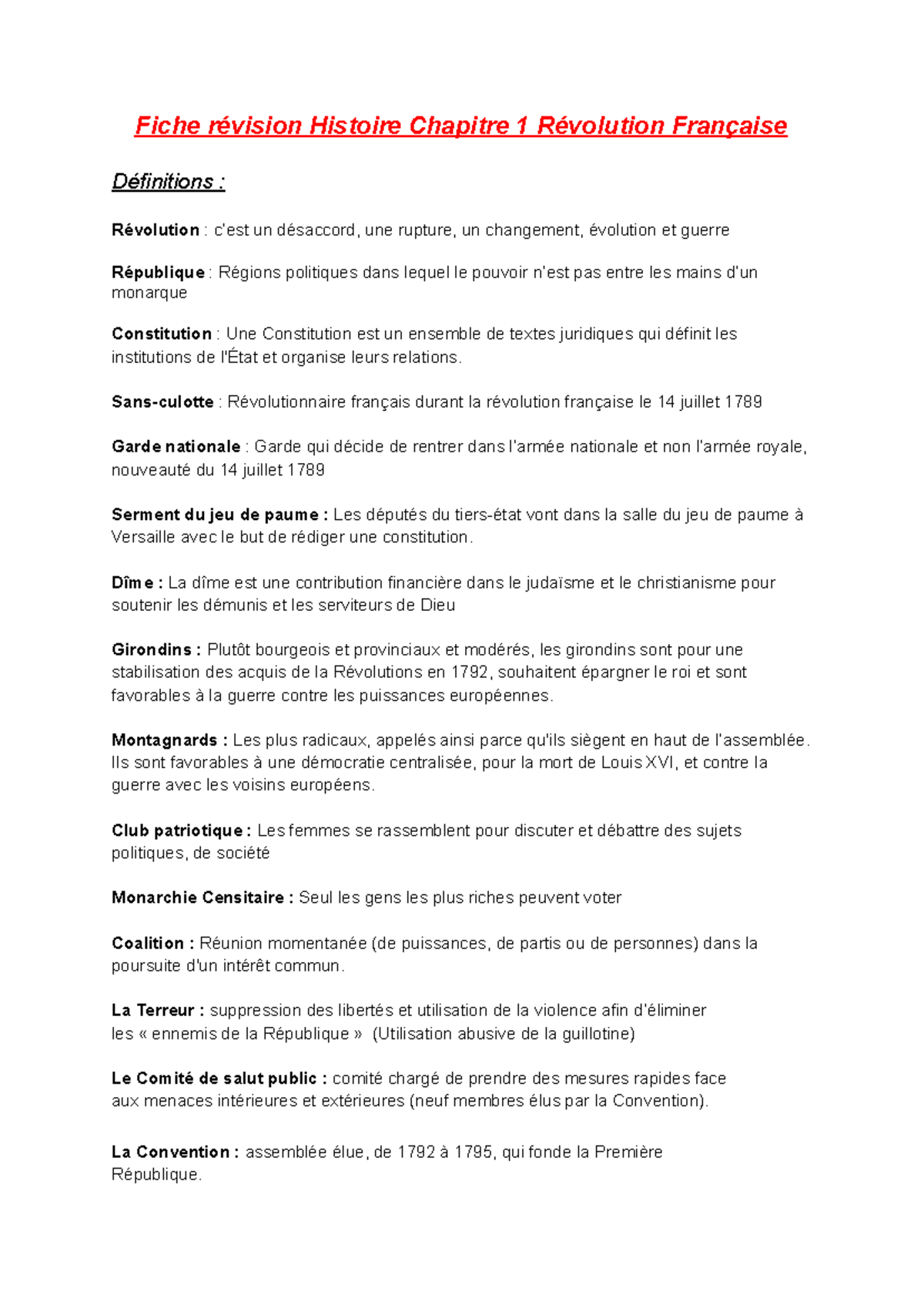 Fiche révision Histoire Chapitre 1 Révolution Française - Fiche ...