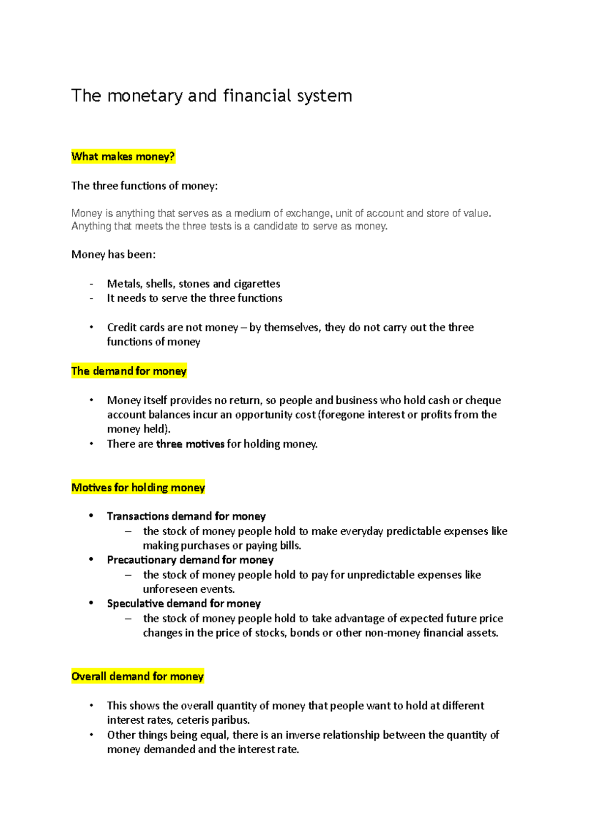 Week 10 - Lecture notes 10 - The monetary and financial system What ...