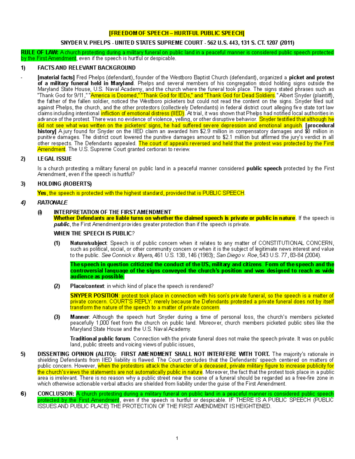 Case brief Snyder v. Phelps - [FREEDOM OF SPEECH – HURTFUL PUBLIC ...