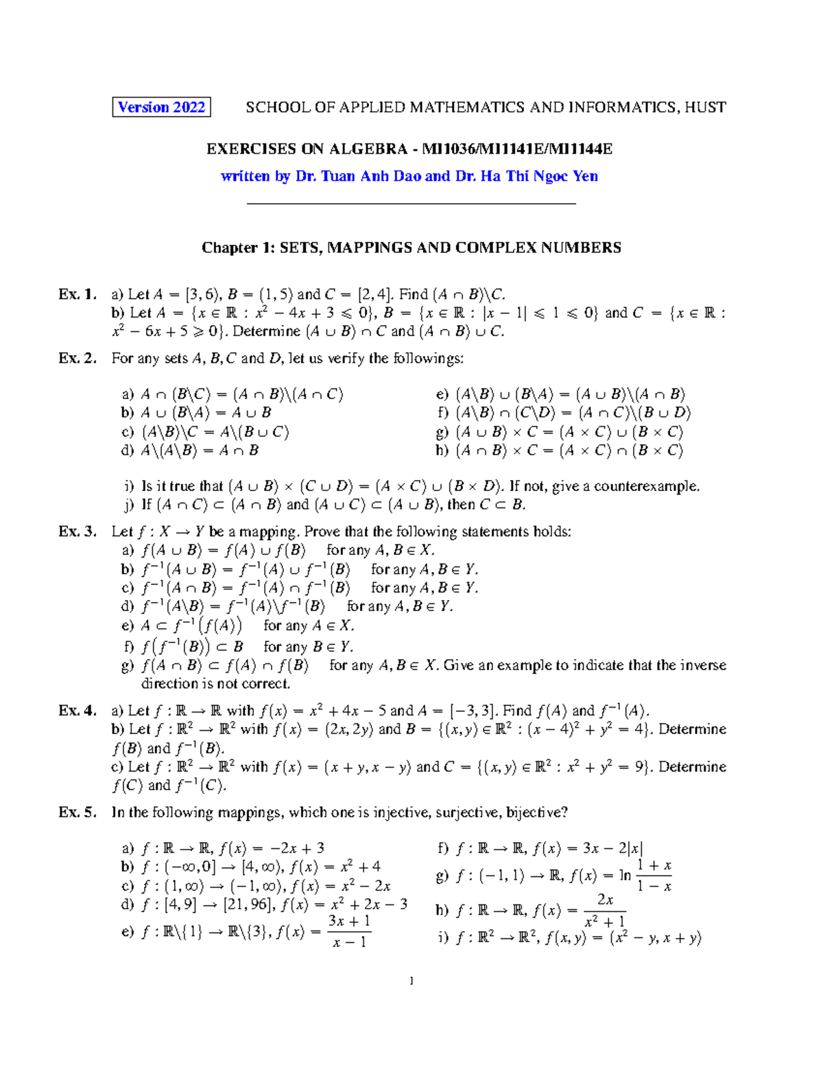 Exercises on Algebra MI1036 - Version 2022 SCHOOL OF APPLIED ...