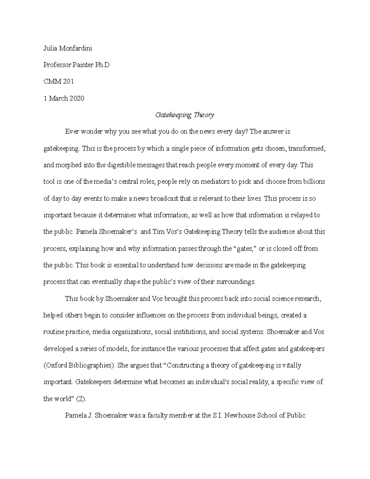 Book Review #1 - . Pamela Shoemaker’s and Tim Vos’s Gatekeeping Theory ...