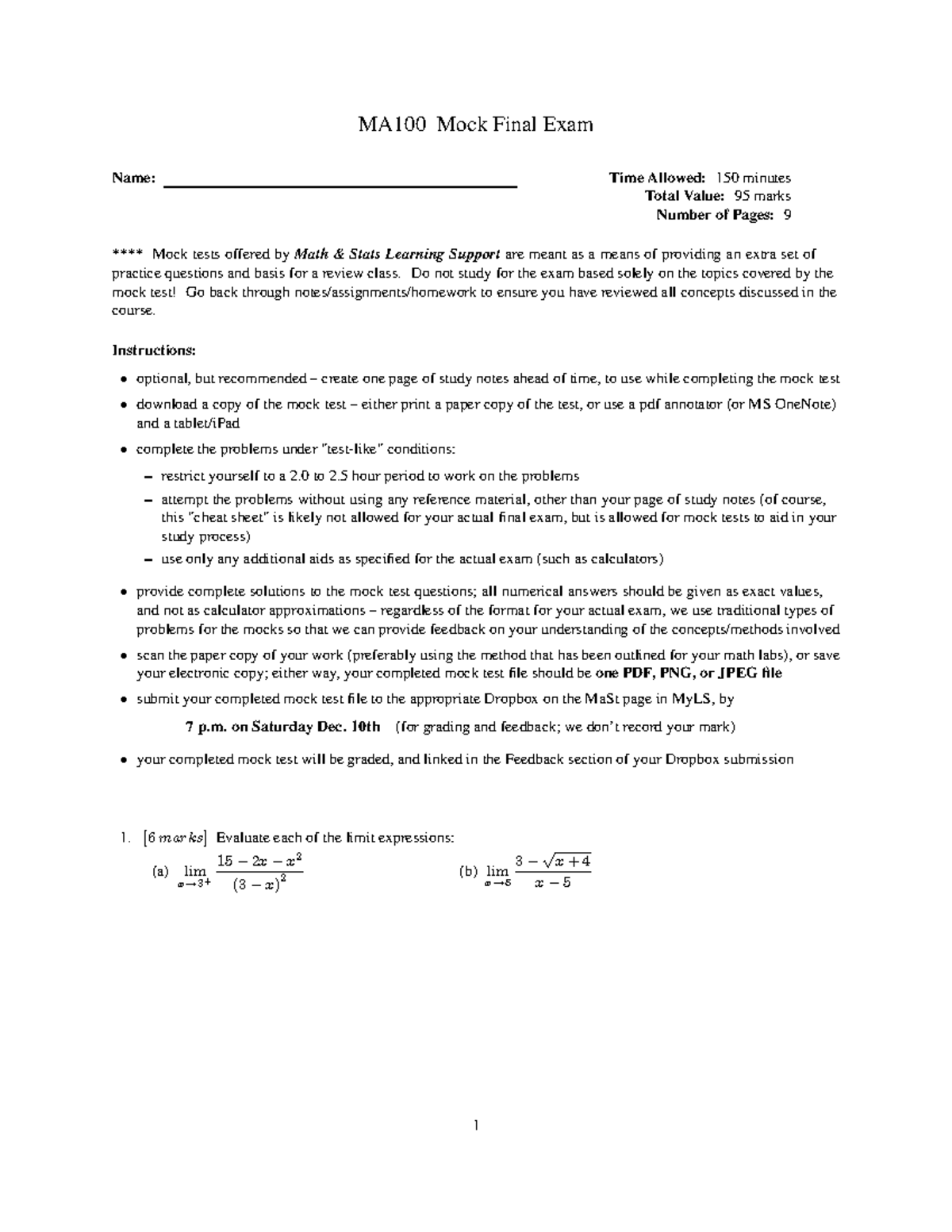 Mock Ma100 Fin F22 - MA100 Mock Final Exam Name: Time Allowed: 150 ...