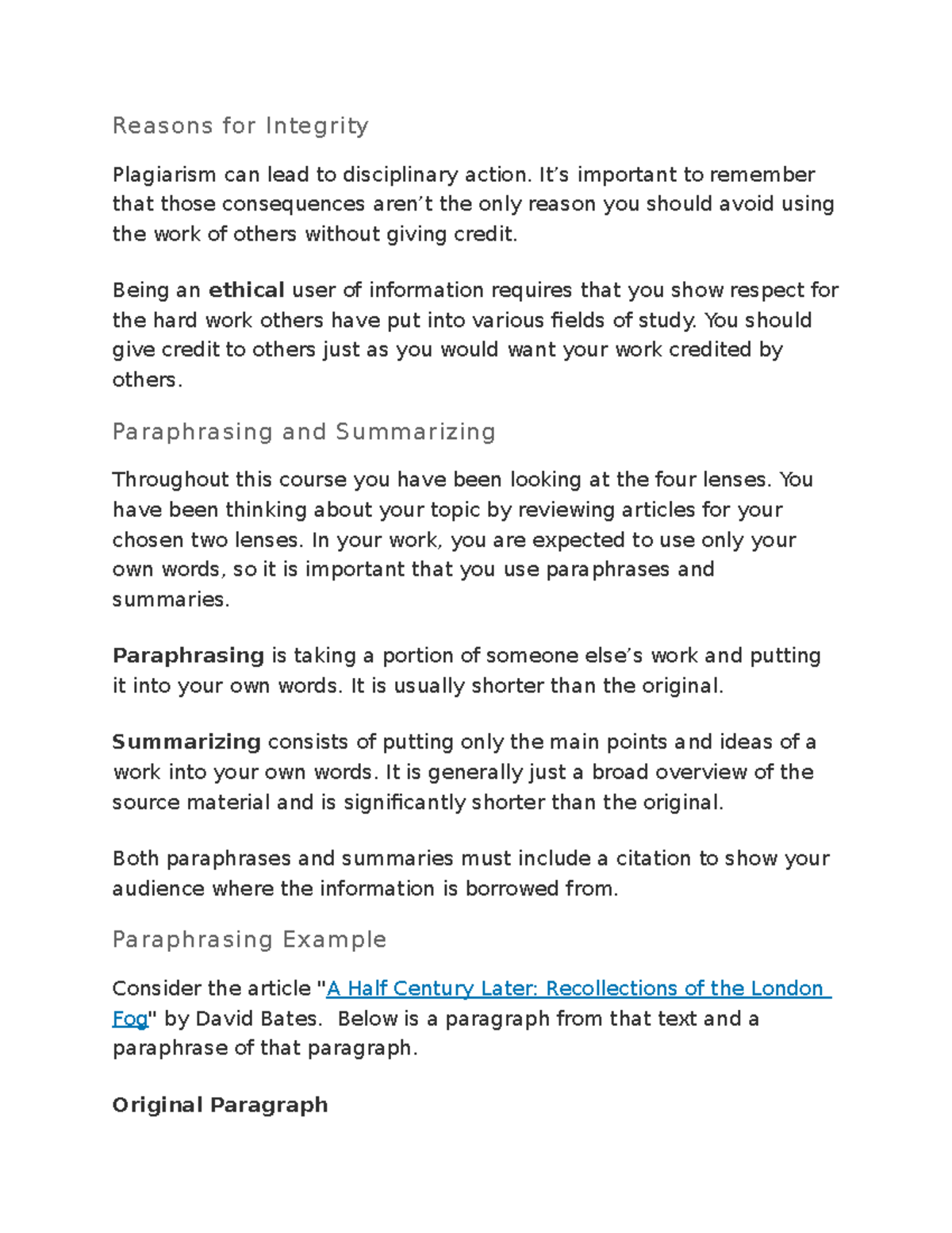 Intergrity notes - Reasons for Integrity Plagiarism can lead to ...