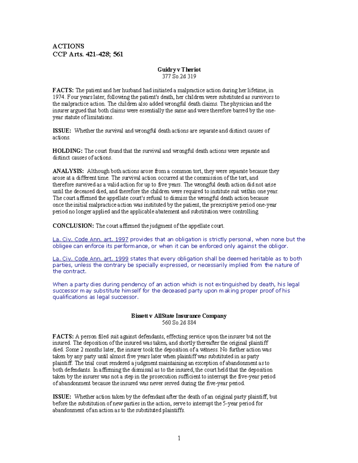 Civ Pro Briefs 2 - ACTIONS CCP Arts. 421-428; 561 Guidry v Theriot 377 ...