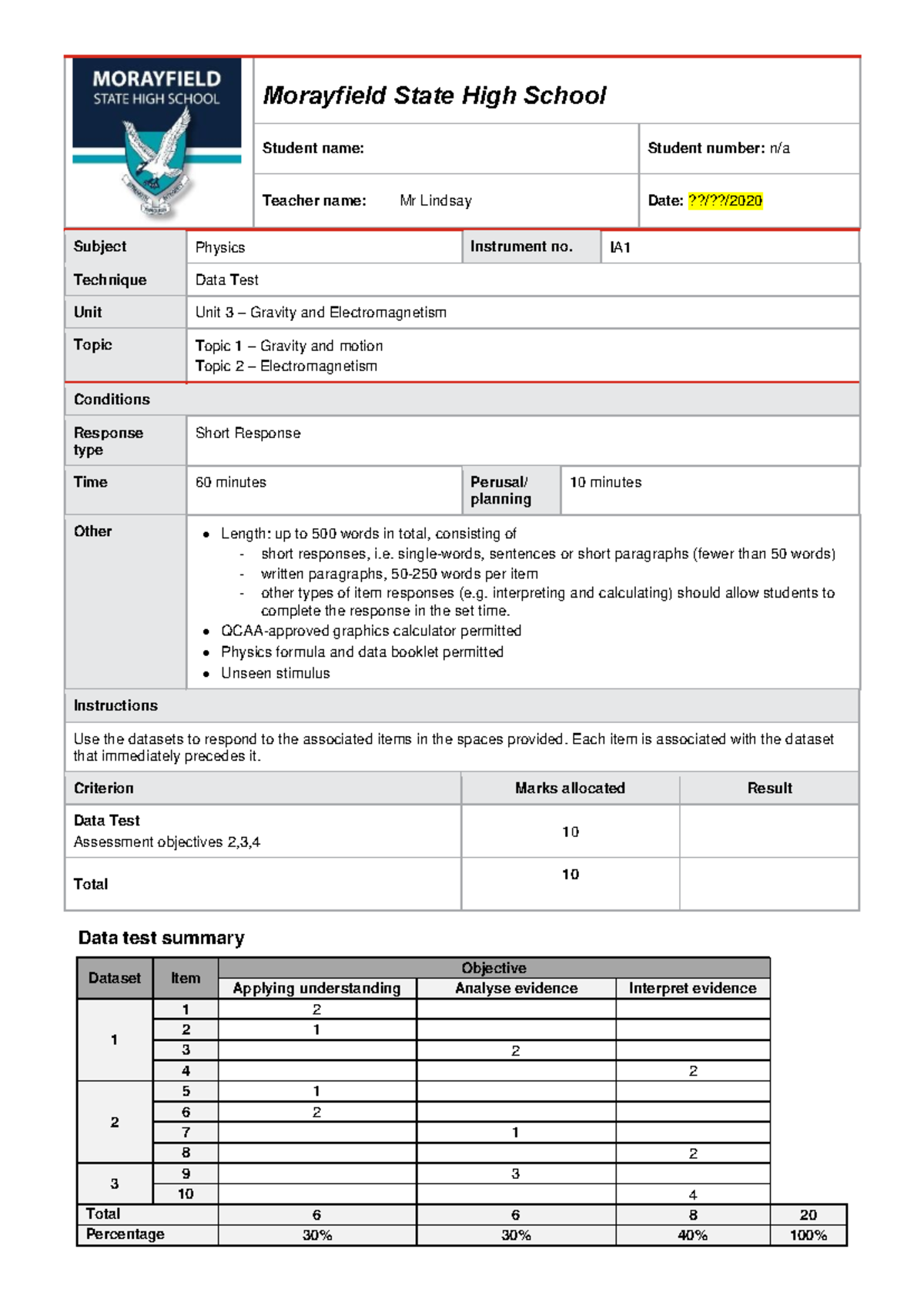 10 IA1 Data Test (MSHS) - endorsed - marking guide - Morayfield State ...