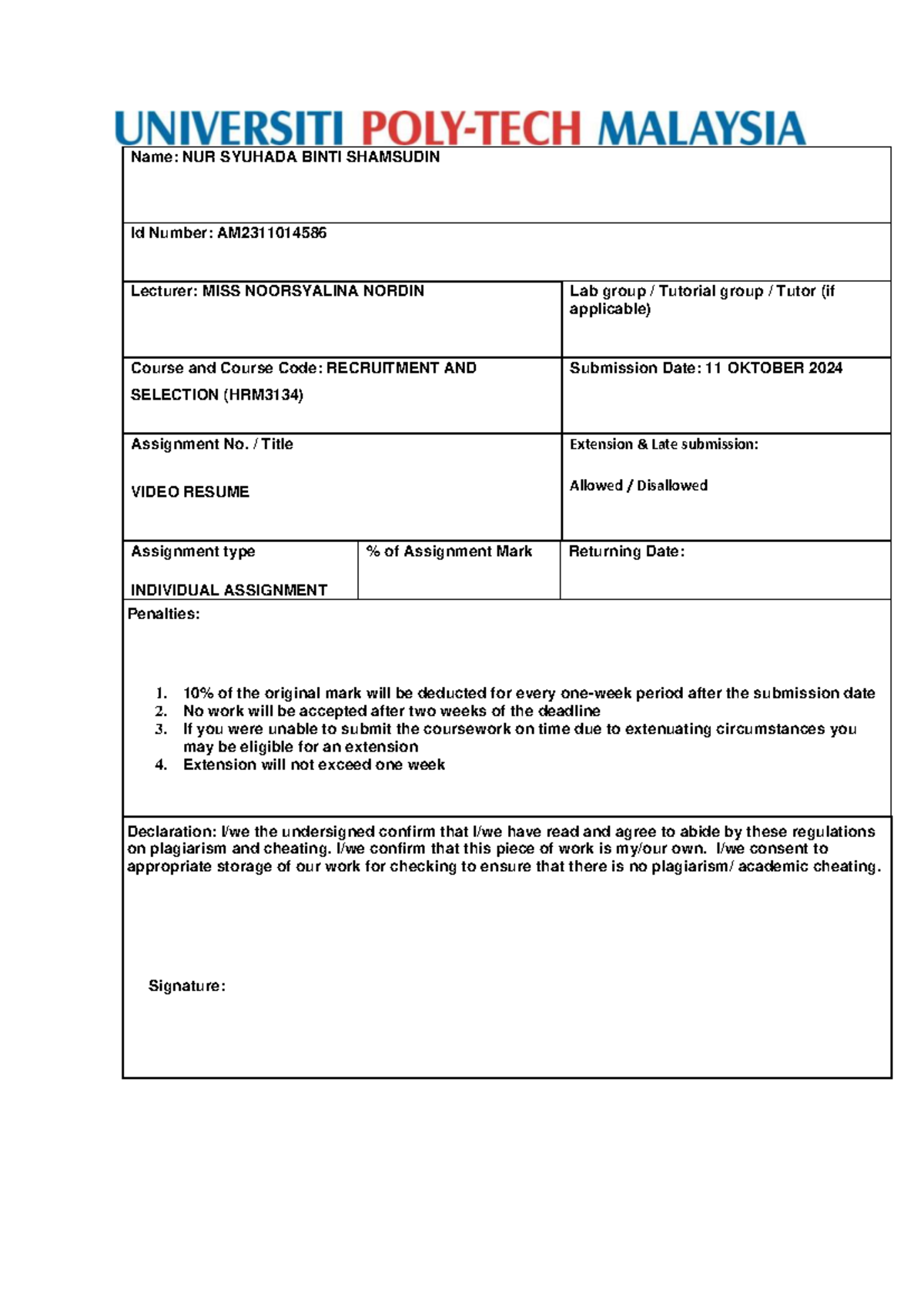 NUR Syuhada Binti Shamsudin AM2311014586 - Name: NUR SYUHADA BINTI ...
