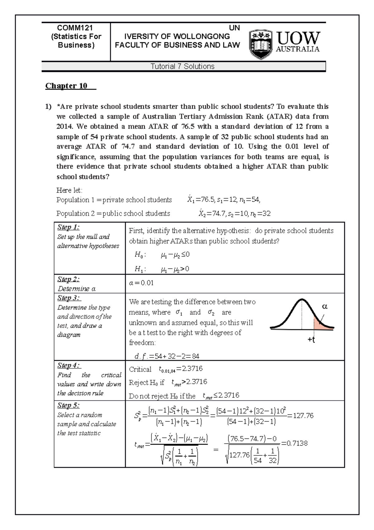 COMM121 T07 Solutions ch 10 answer for - COMM (Statistics For Business ...