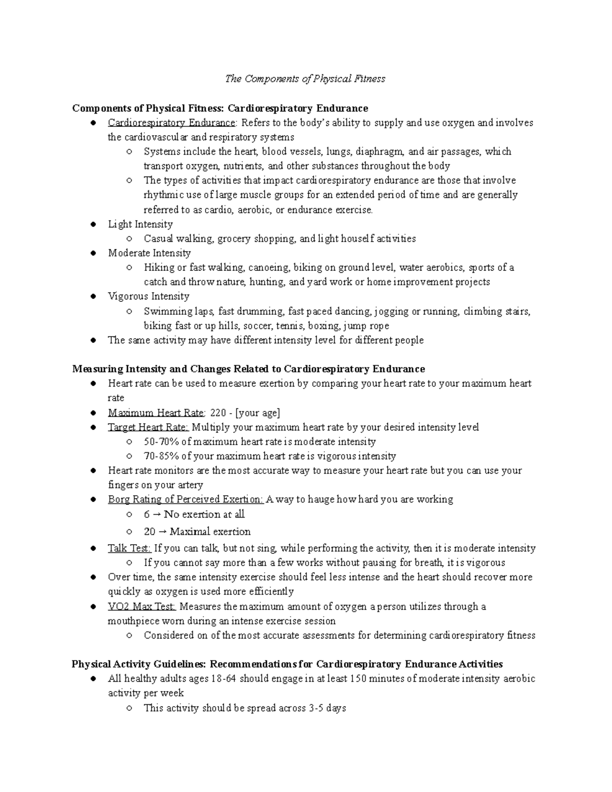 Physical Activity Unit Cogbooks Notes - The Components of Physical ...
