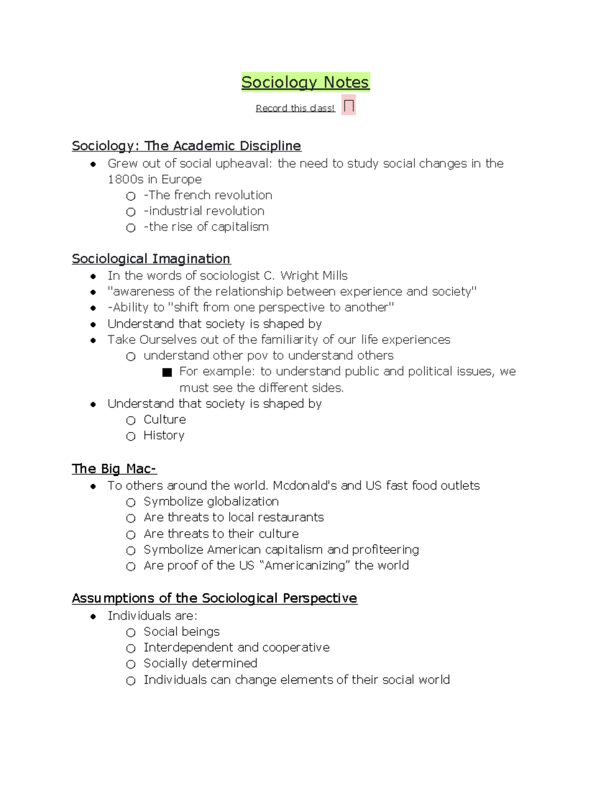 Sociology Notes - Sociology Notes Record this class! 🐀 Sociology: The ...