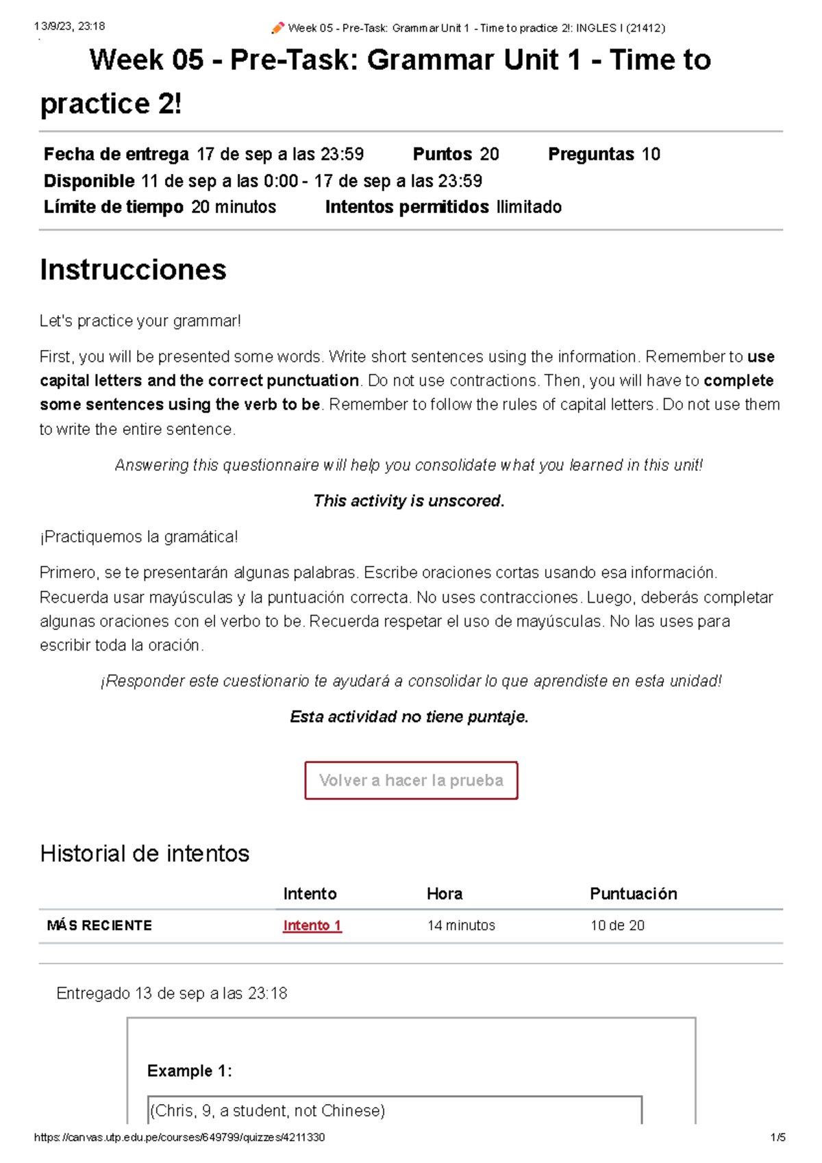 ️ Week 05 - Pre-Task Grammar Unit 1 - Time to practice 2 Ingles I (21412) - Week 05 - Pre-Task ...