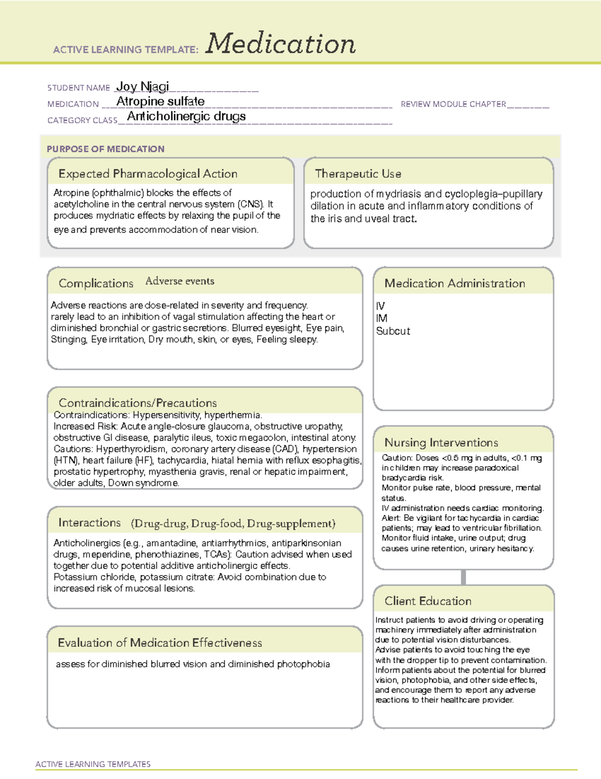 Atropine sulfate - ACTIVE LEARNING TEMPLATES Medication STUDENT NAME ...