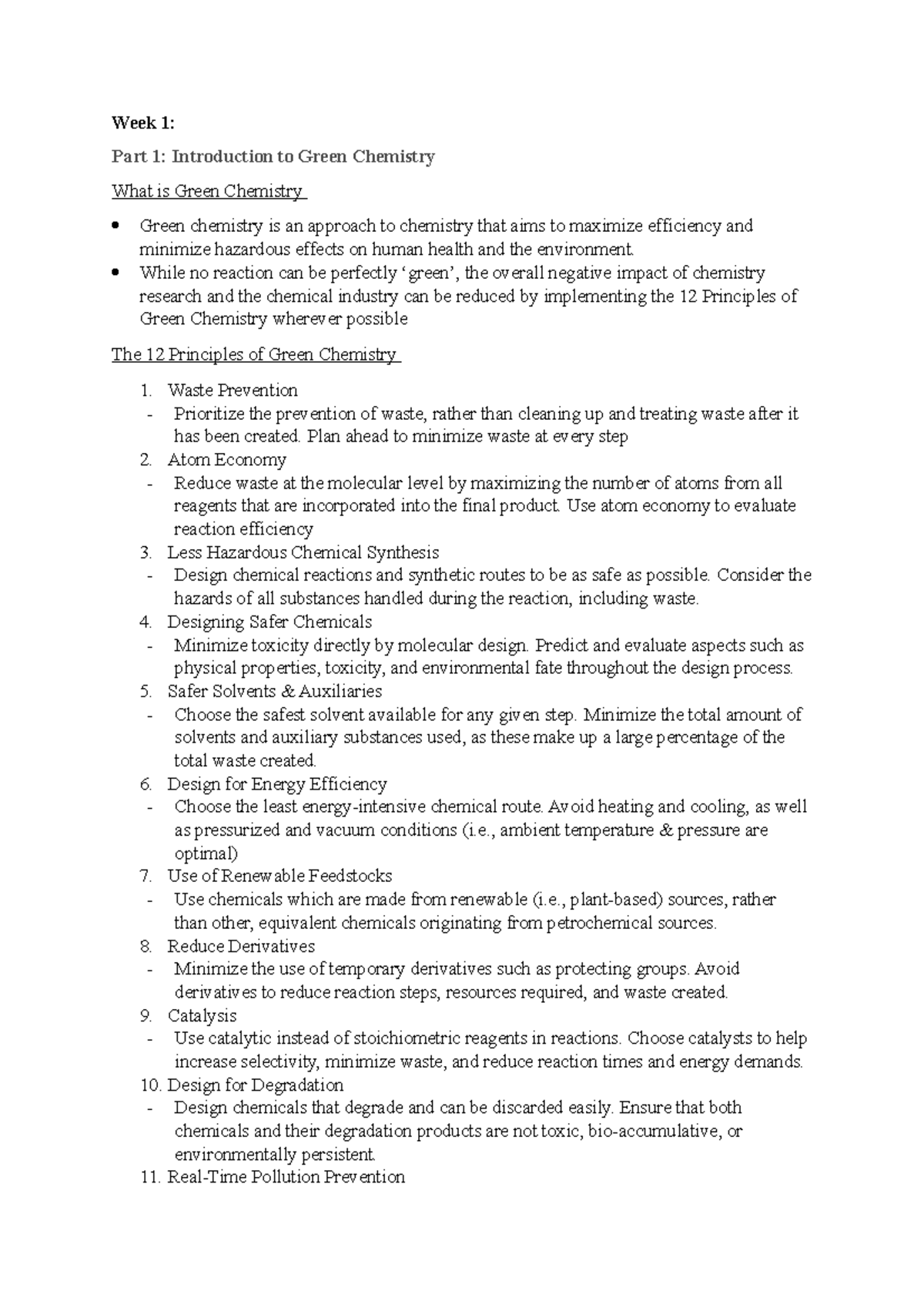 Week 1-3 notes - Week 1: Part 1: Introduction to Green Chemistry What ...
