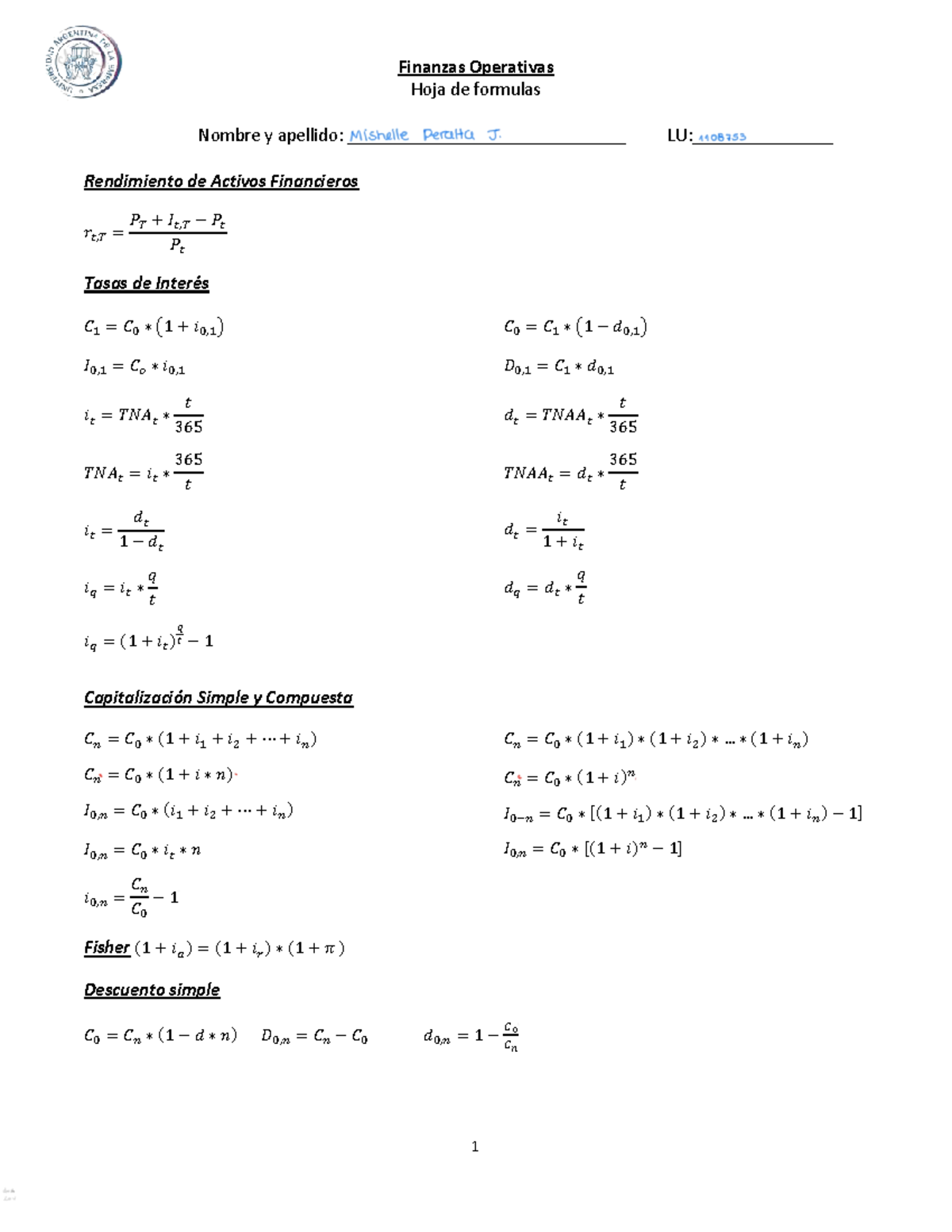 Formulas F O - Examen - Finanzas Operativas Hoja de formulas Nombre y ...