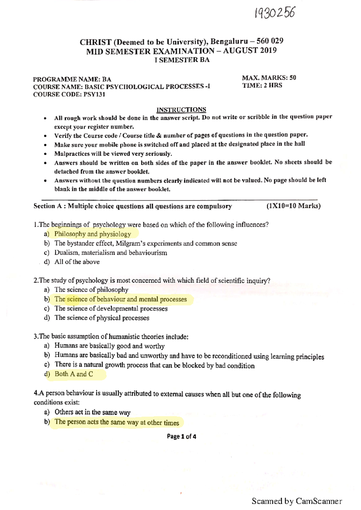 MS 2019 Aug - paper - Basic Psychological Processes - I - Studocu
