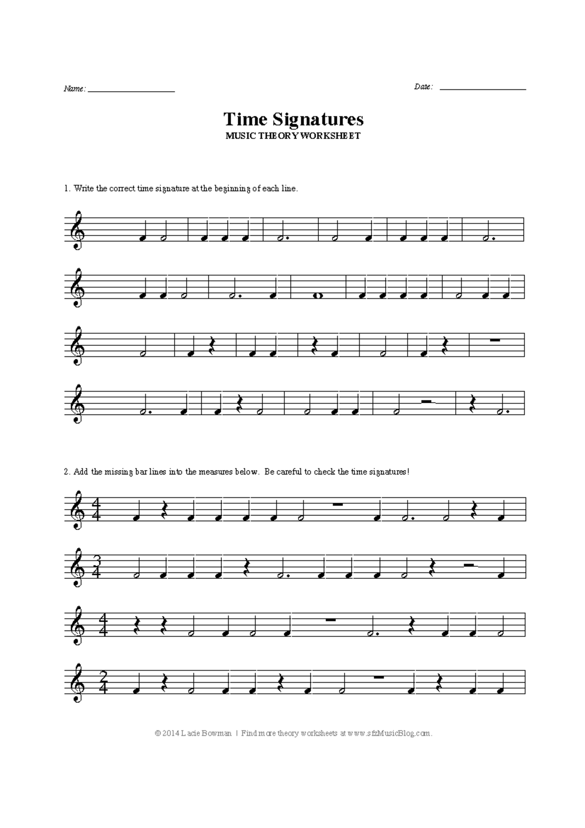 Times Signatures 2 - time signature practise - ! 2. Add the missing bar ...