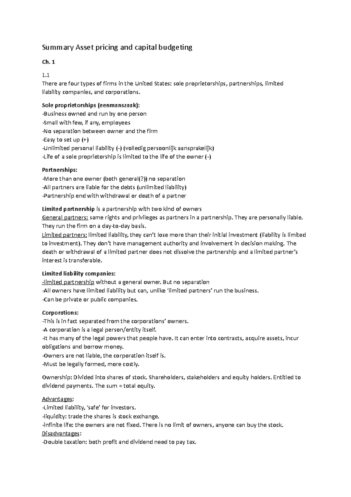 Summary Asset pricing and capital budgeting - 1 There are four types of ...