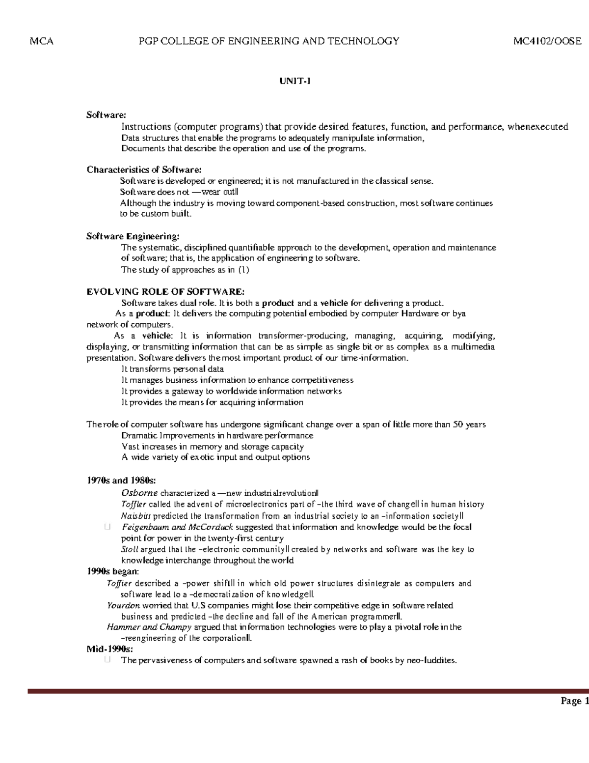 MCA OOSE pdf - It's 1 year MCA Study material, it helps to my skills enhancement - MCA PGP ...