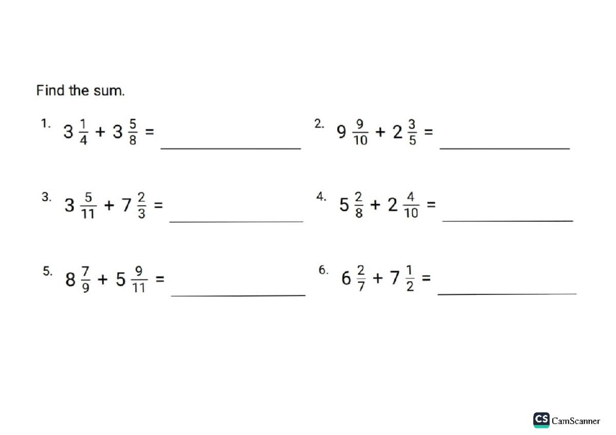 Addition of mixed numbers - Basic Maths - CamScanner - Studocu