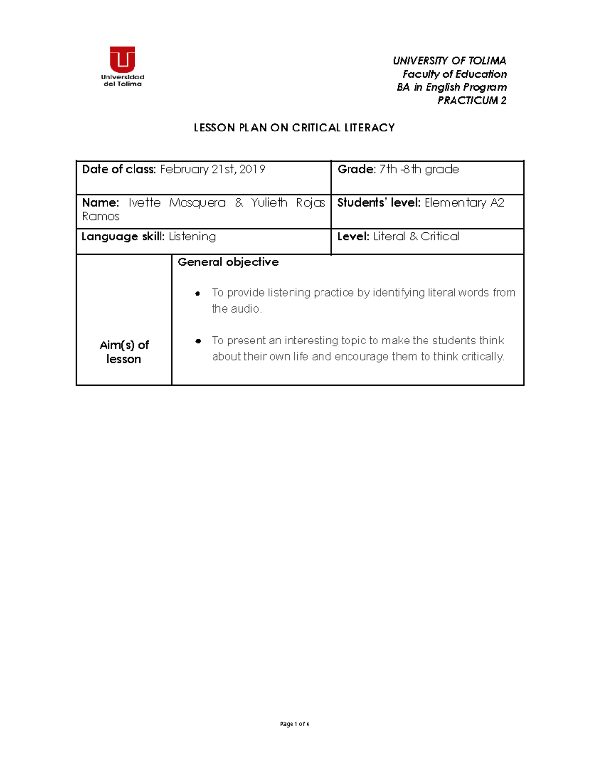 Lesson-plan-listening - UNIVERSITY OF TOLIMA Faculty of Education BA in ...