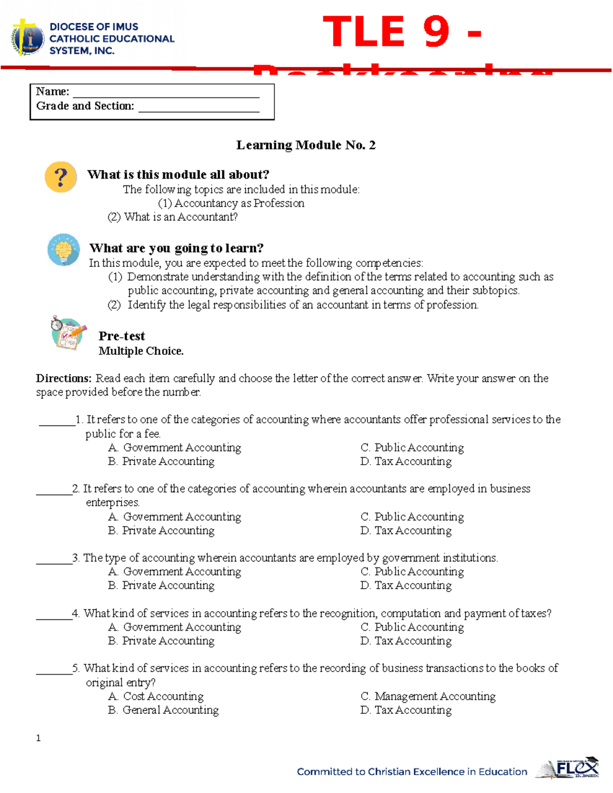 Module 2 - Bookkeeping 9 - Name: _______________________________ Grade ...