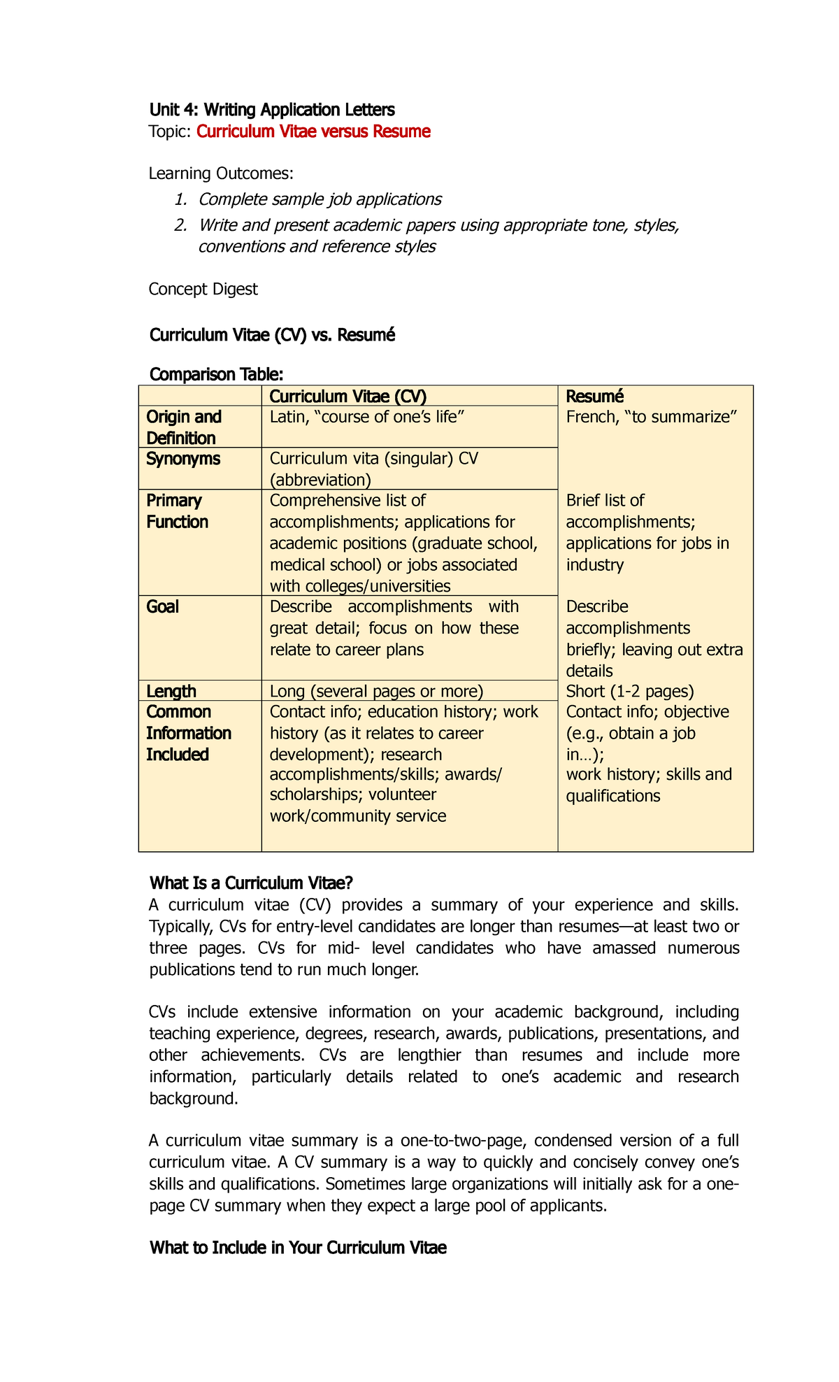 Curriculum Vitae versus Resume - Unit 4 : Writing Application Letters ...