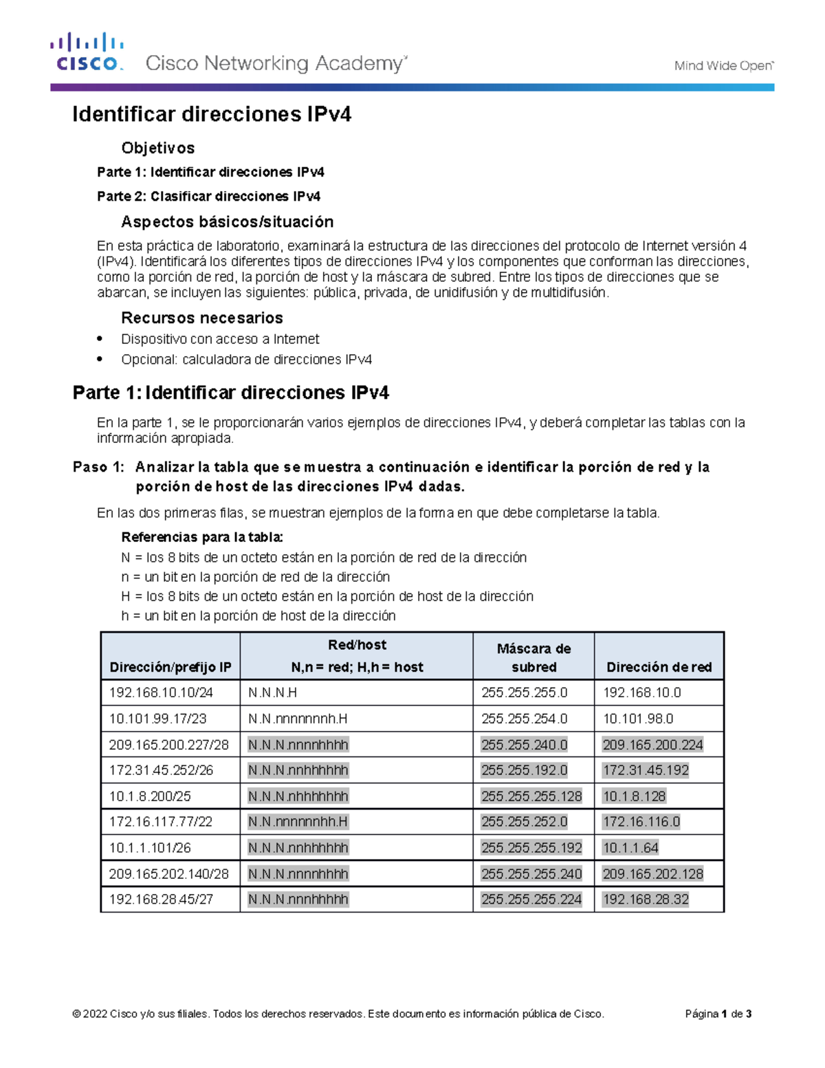 Tarea 2 -Identificar direcciones IPv4 CCNA CISCO - Identificar direcciones IPv Objetivos Parte 1 ...