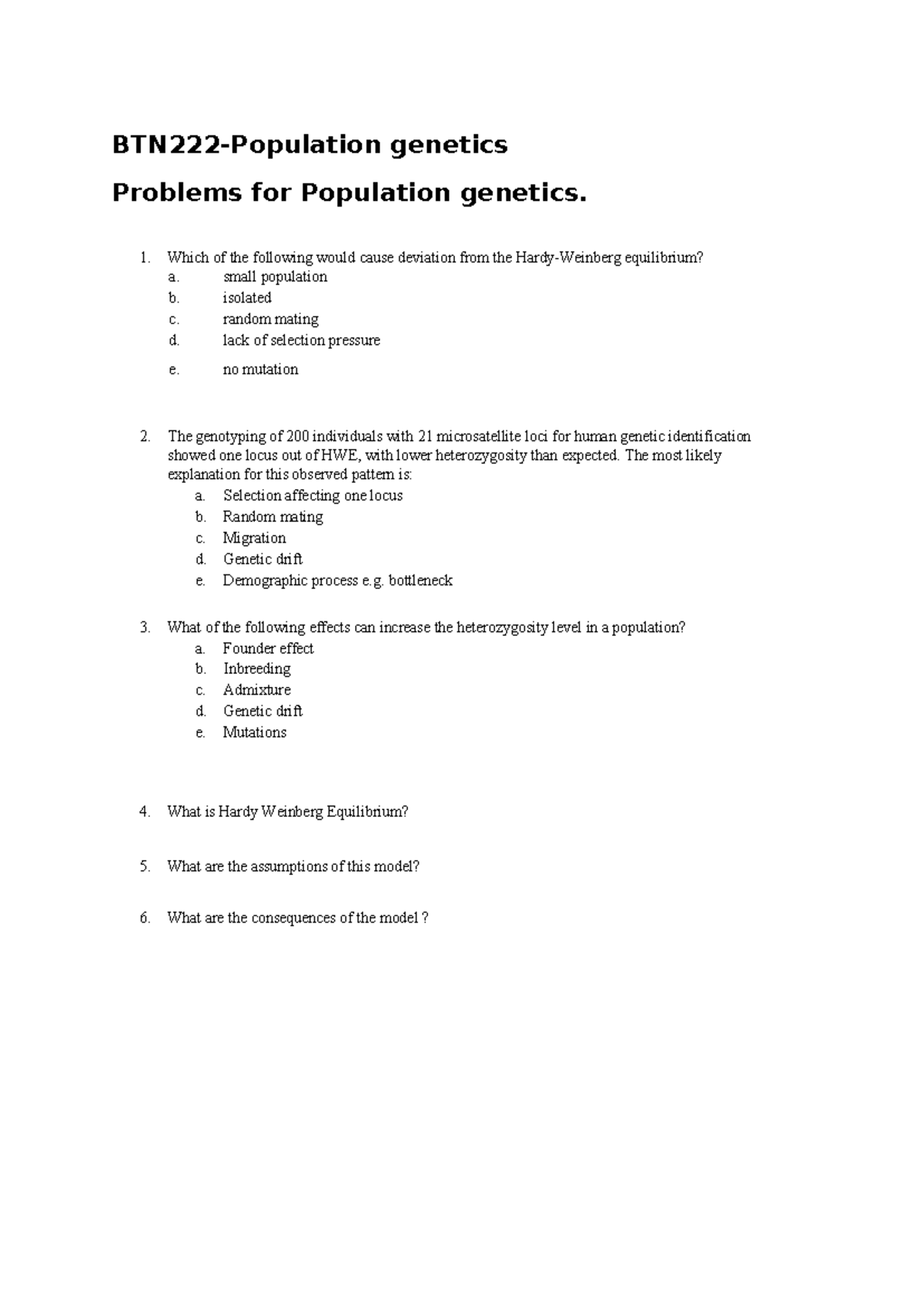 Pop Genetics practice questions - BTN222-Population genetics Problems ...