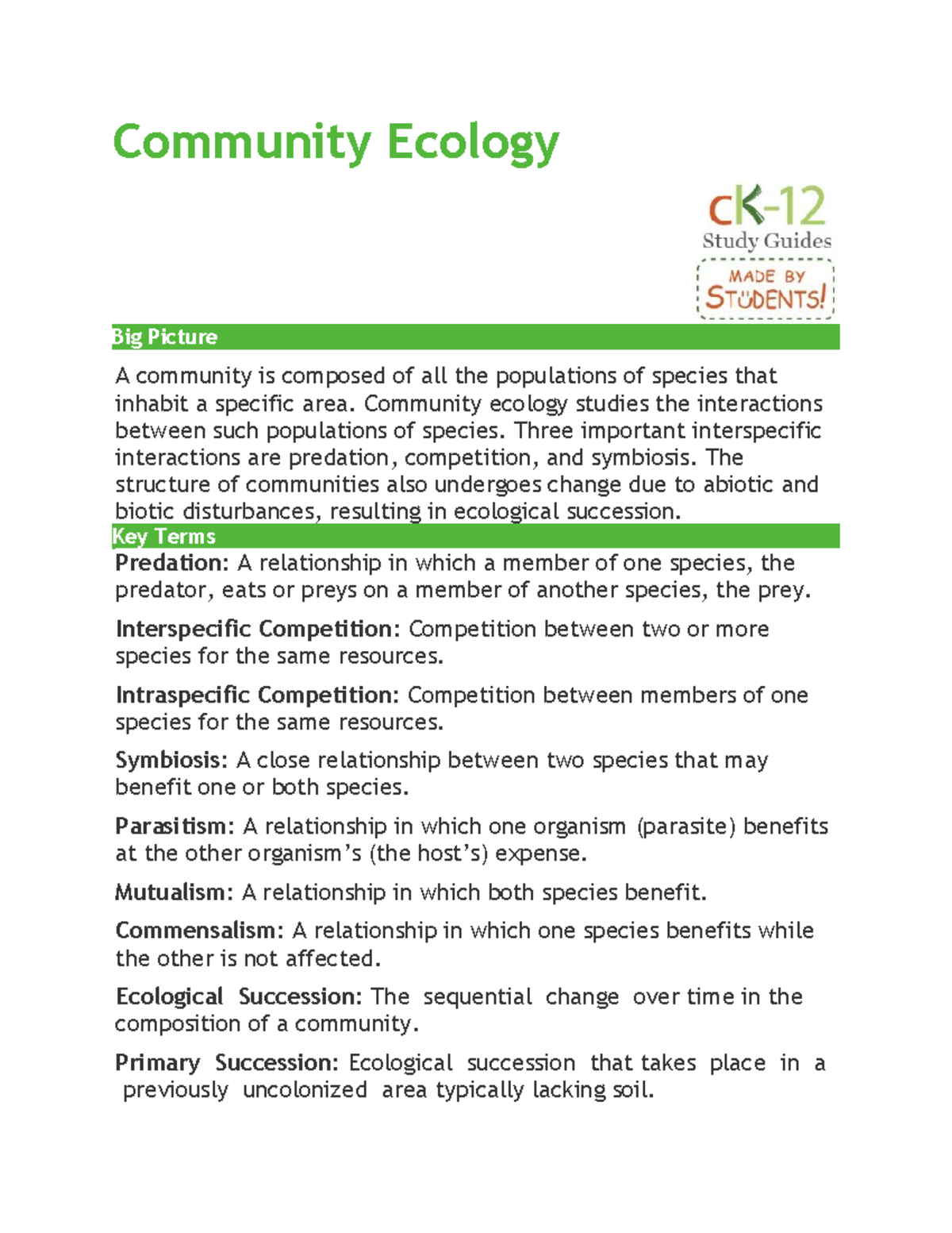 Biology Study guide part 34 - Community Ecology Big Picture A community ...