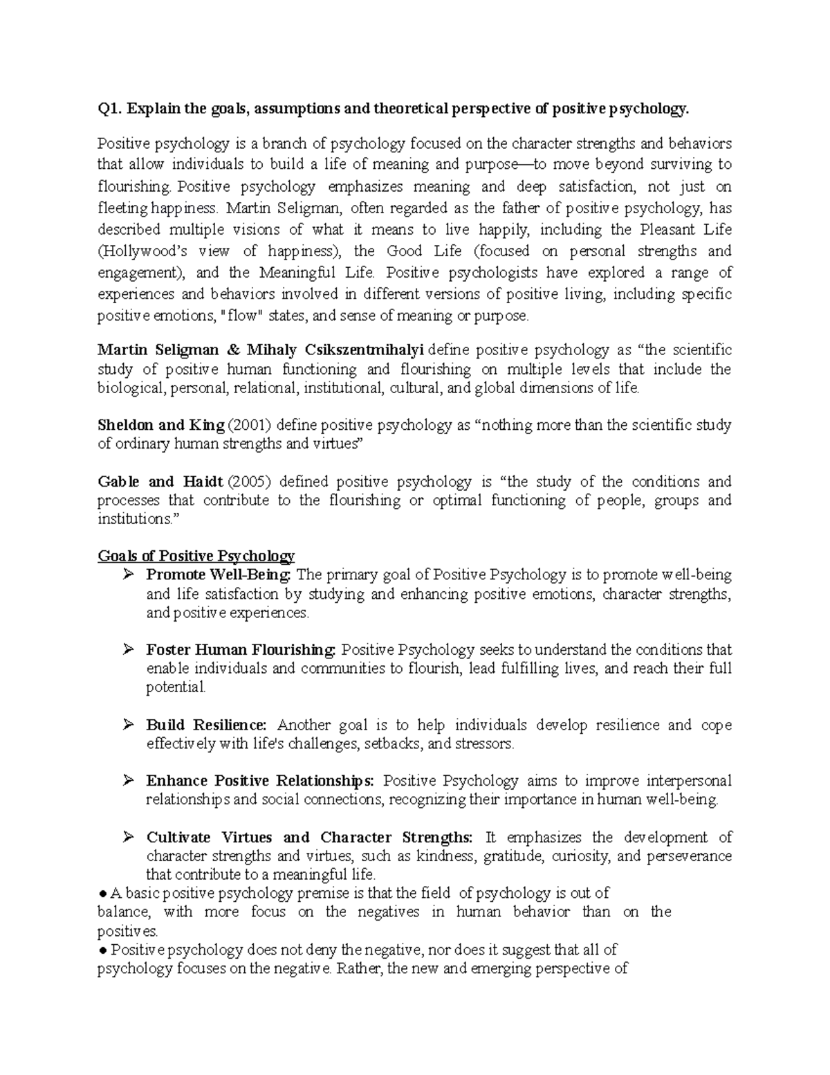 Positive Psychology - Q1. Explain the goals, assumptions and ...