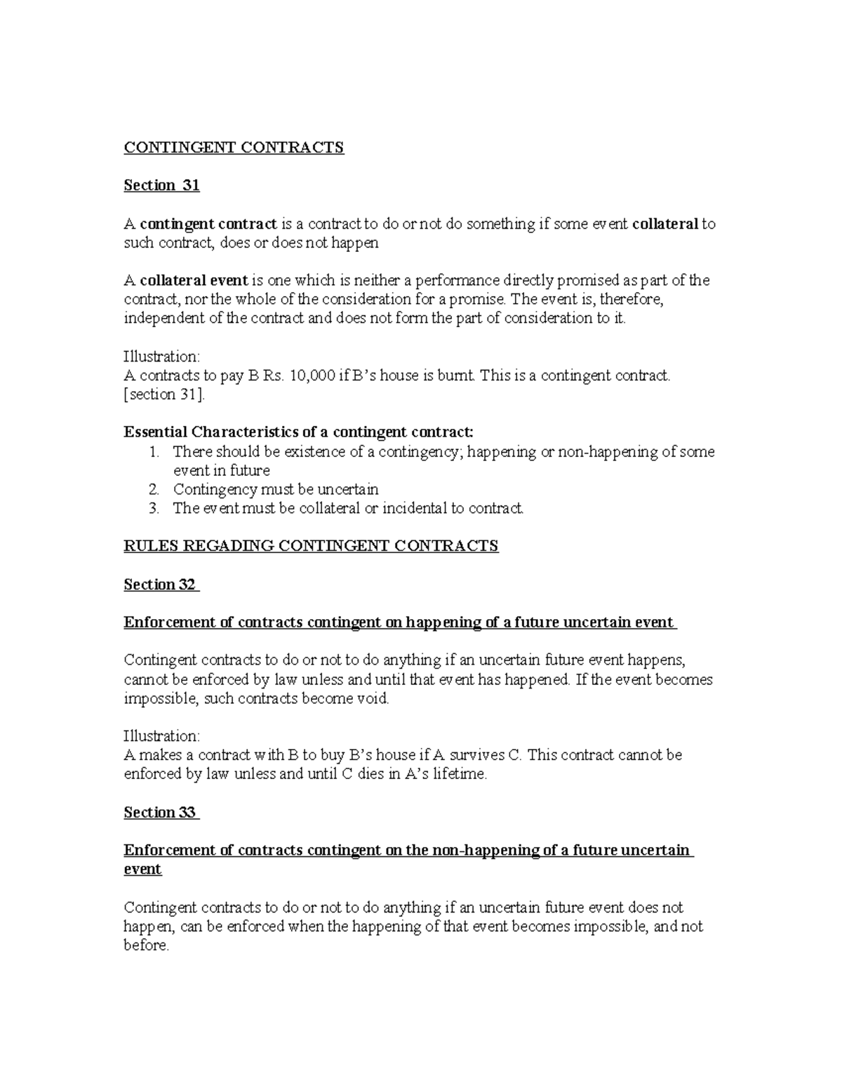 146362593 Notes Contingent Contract - CONTINGENT CONTRACTS Section 31 A ...
