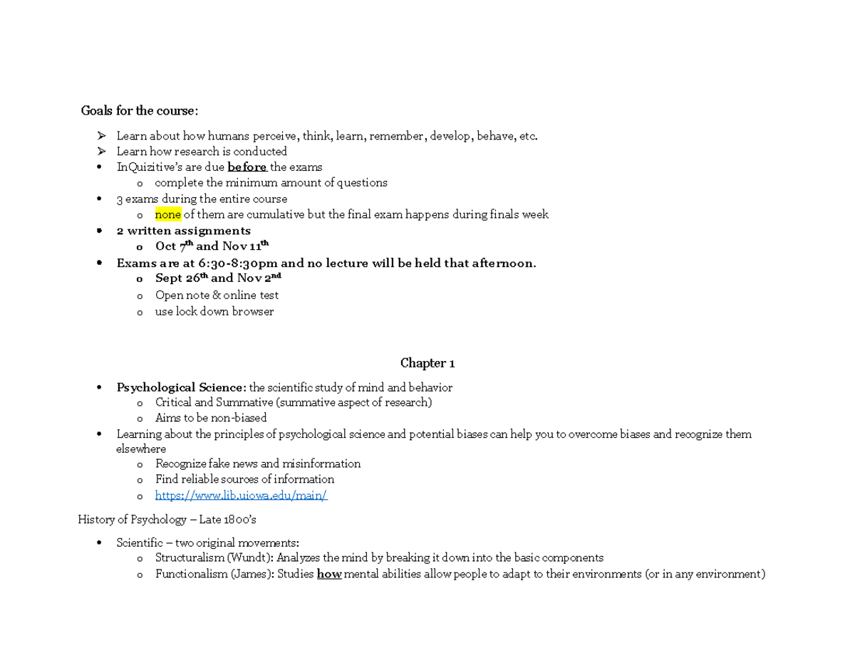 Elementary Psychology Exam 1 Lecture Notes - Goals for the course ...