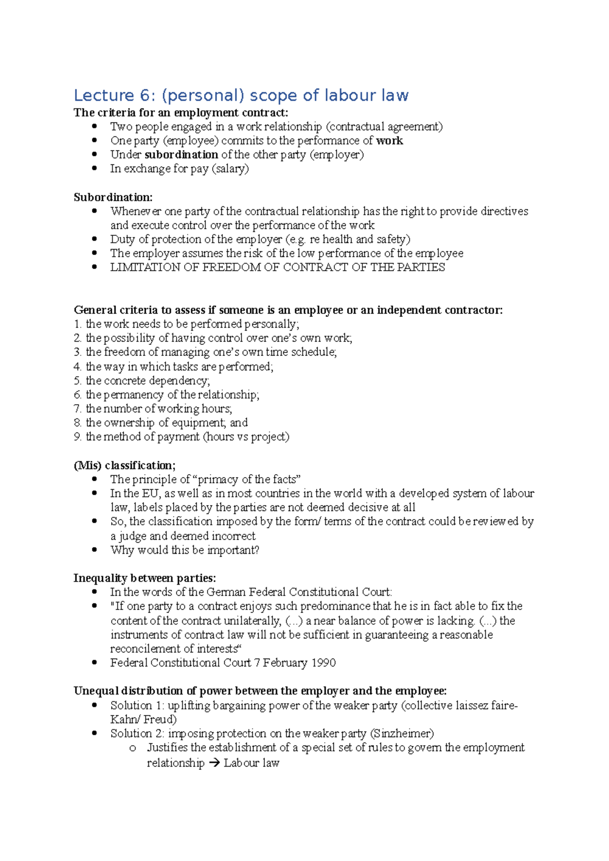 Labour law notes - M. Houwerzijl - Lecture 6: (personal) scope of ...