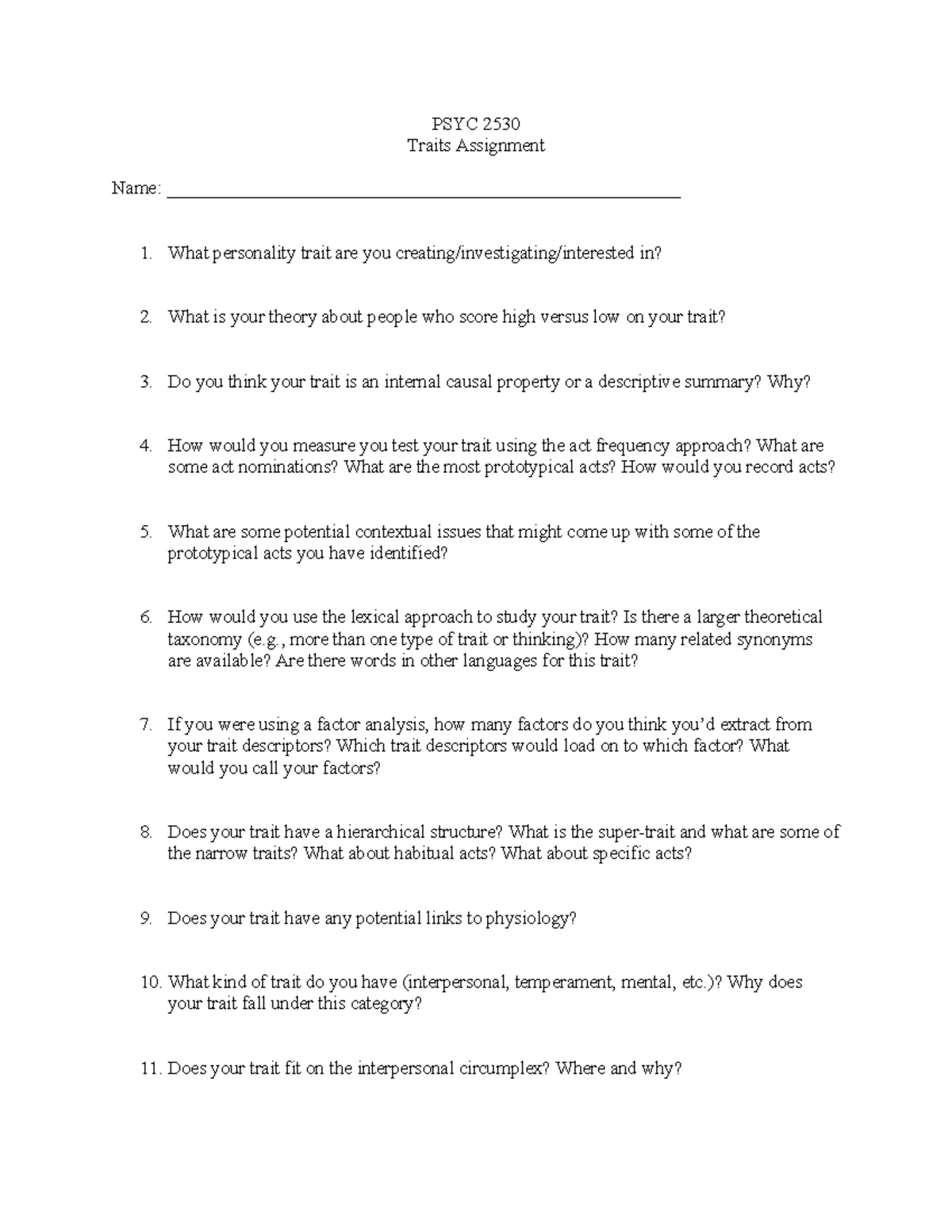 Chapter 3 - Traits Assignment - PSYC 2530 Traits Assignment Name: - Studocu