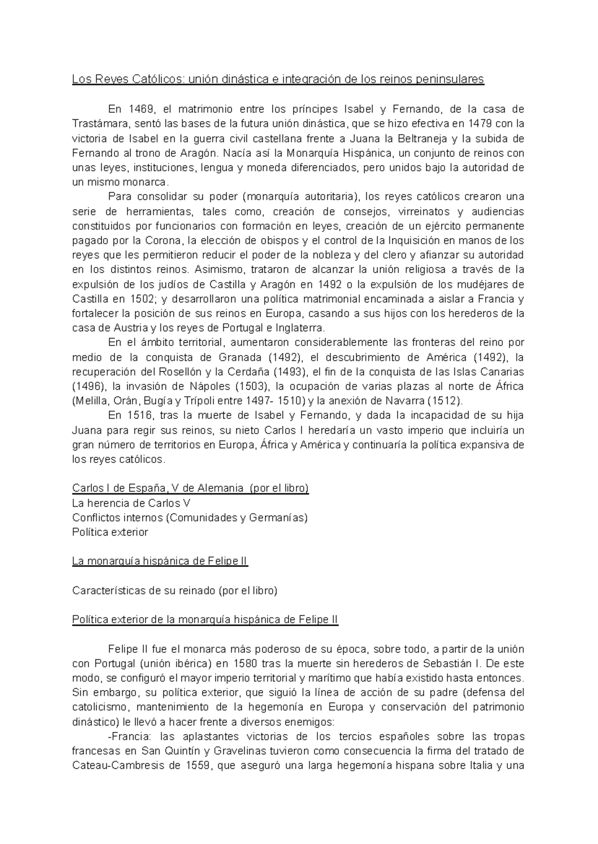 RRCC y Austrias Mayores - Los Reyes Católicos: unión dinástica e integración de los reinos - Studocu