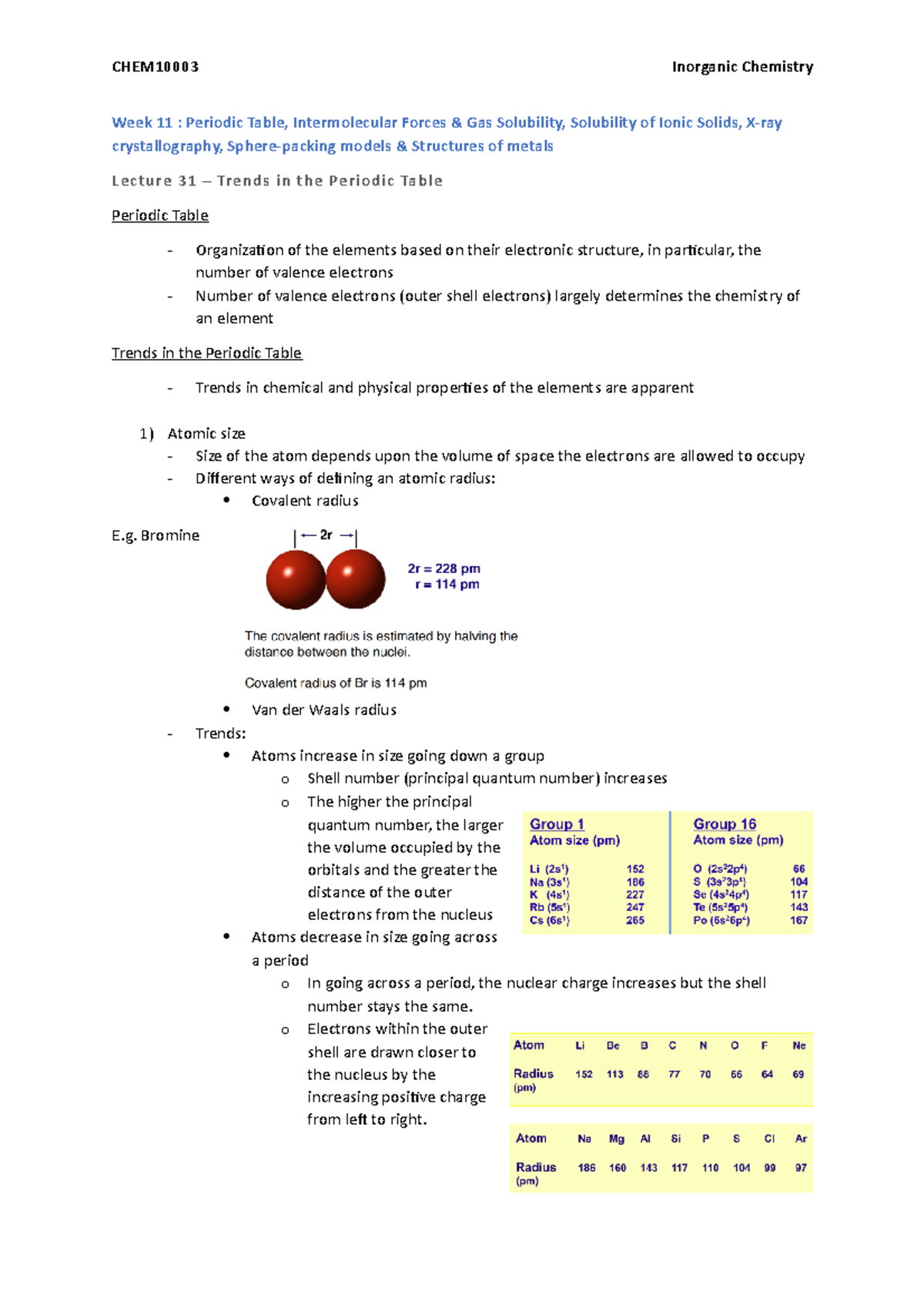 Week 11 Notes - Inorganic Chemistry: Periodic Table, Intermolecular ...