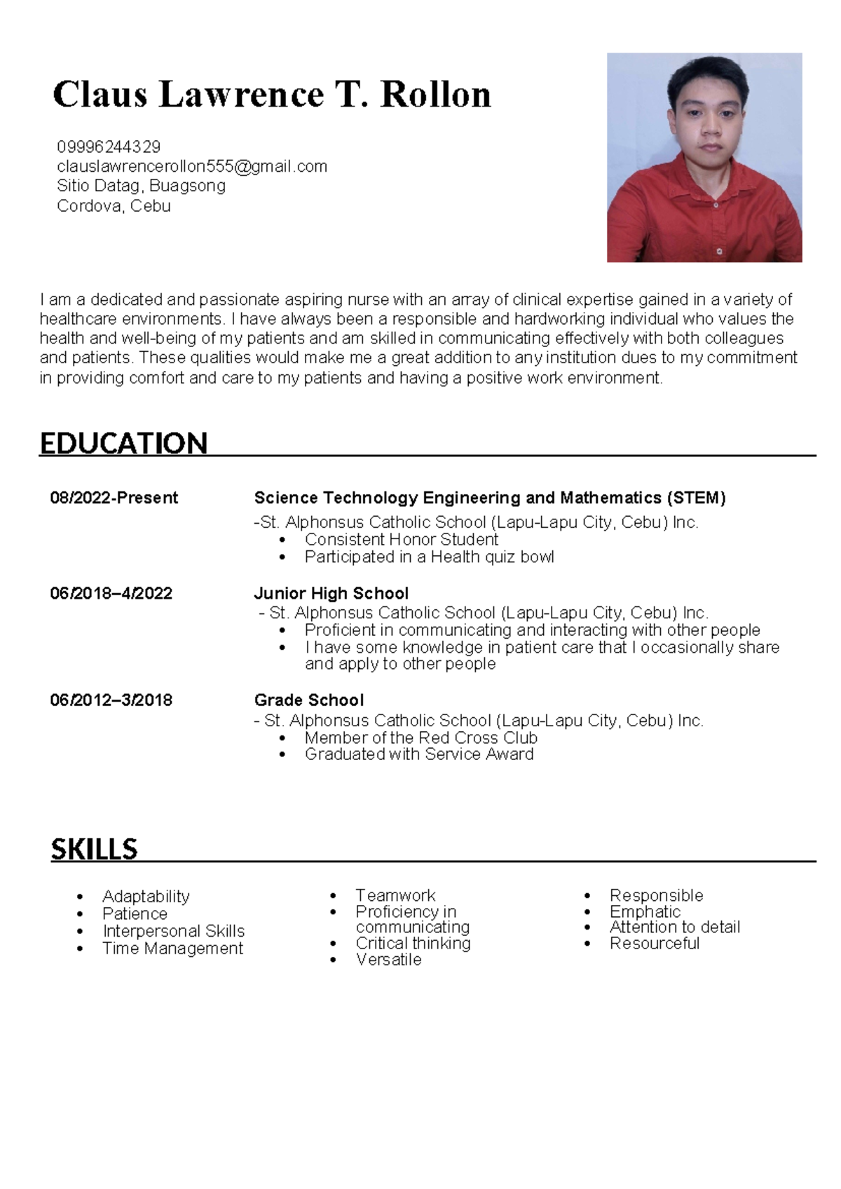 Official resume 2 - dfsdfdsfsdf - Claus Lawrence T. Rollon I am a dedicated and passionate ...