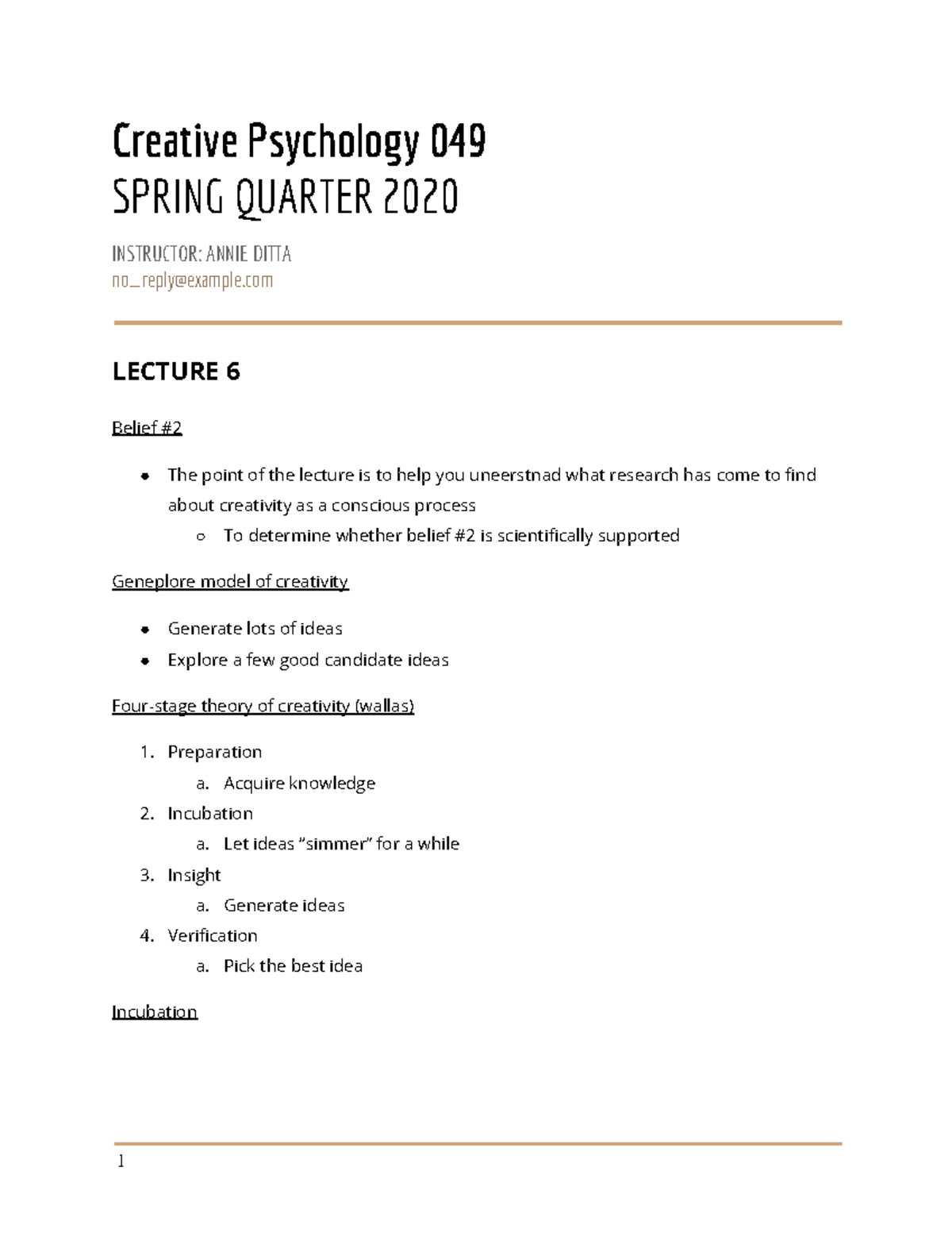 PSCY049 Lecture Notes - Creative Psychology 049 SPRING QUARTER 2020 ...
