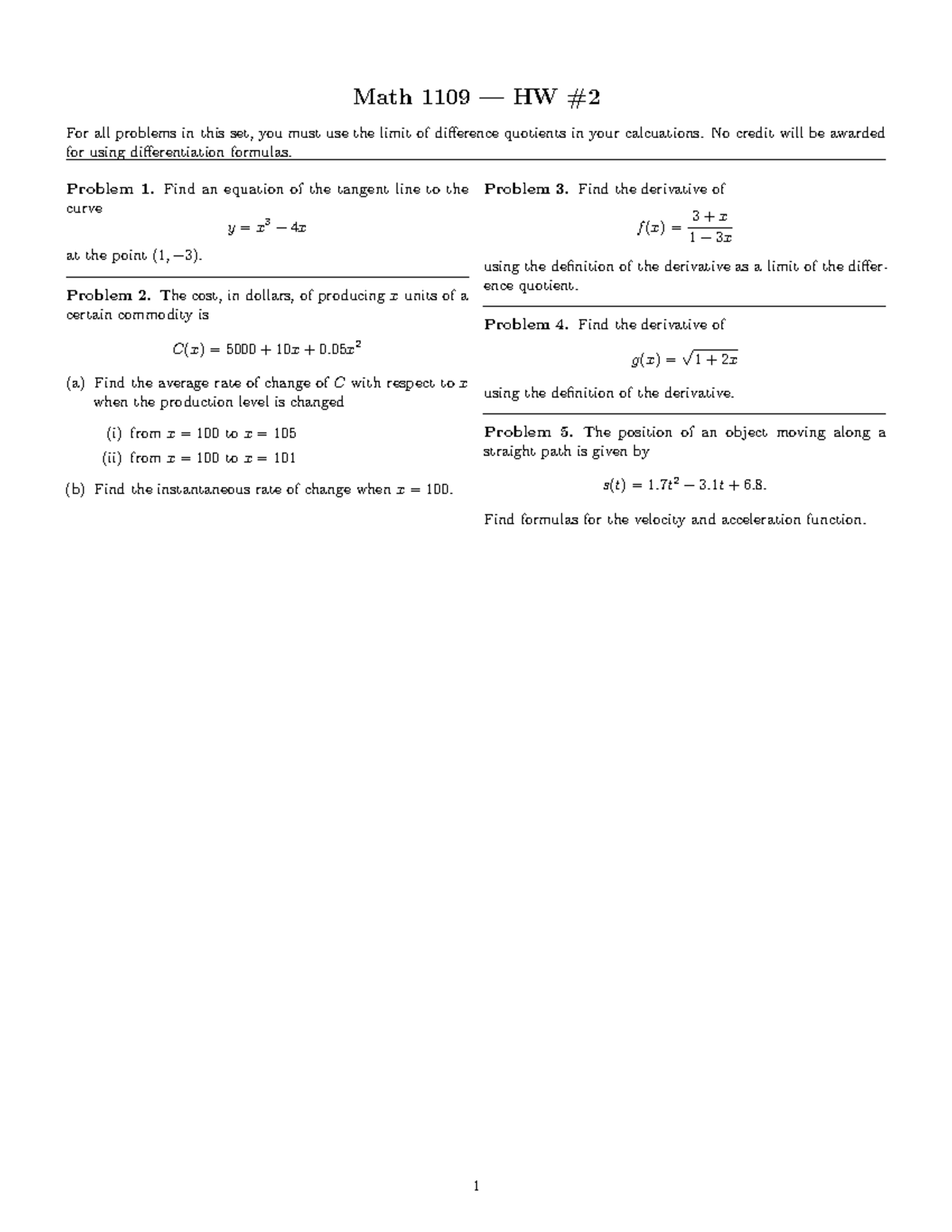 Derivatives homework - Math 1109 — HW For all problems in this set, you ...