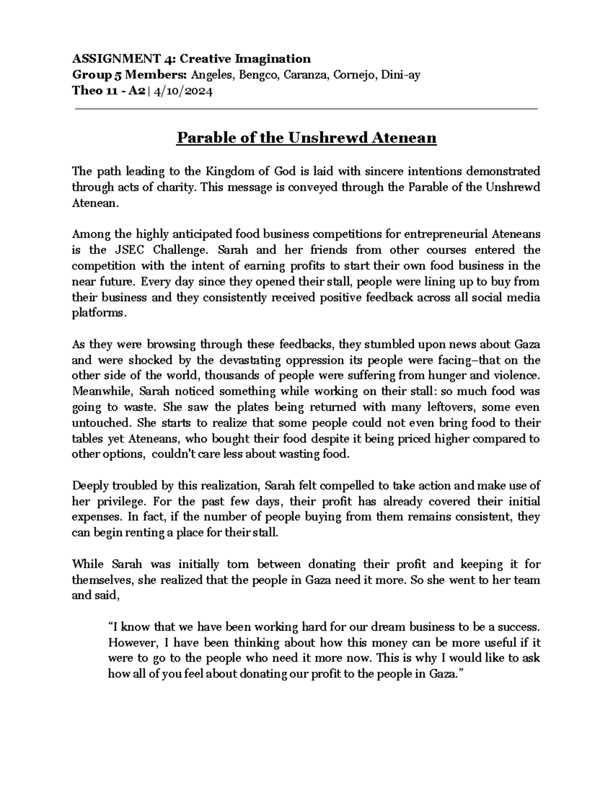 [THEO] Assignment #4: Creative Imagination: Parables and Pericopes ...