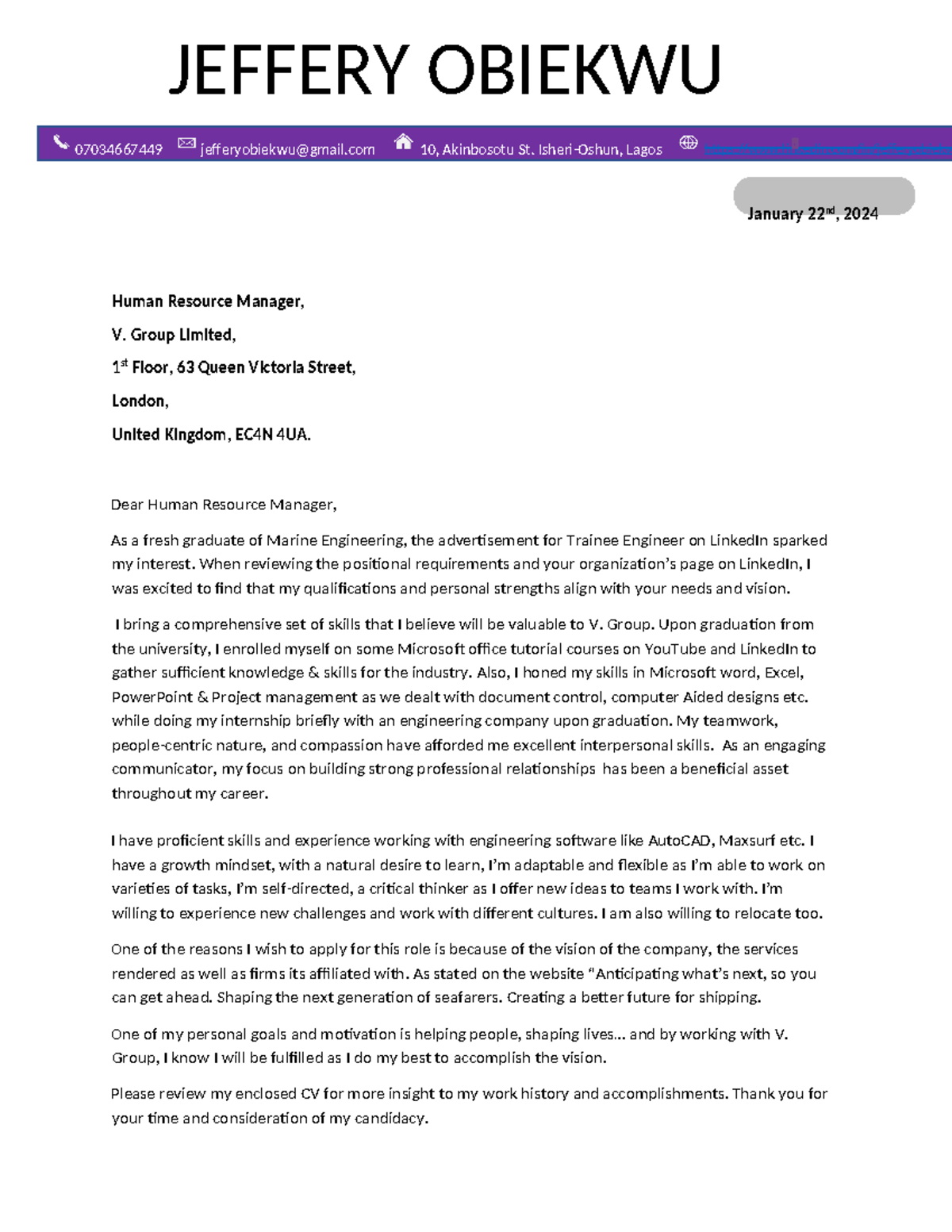 My Cover Letter (V - Summary She Comes First - JEFFERY OBIEKWU Human ...