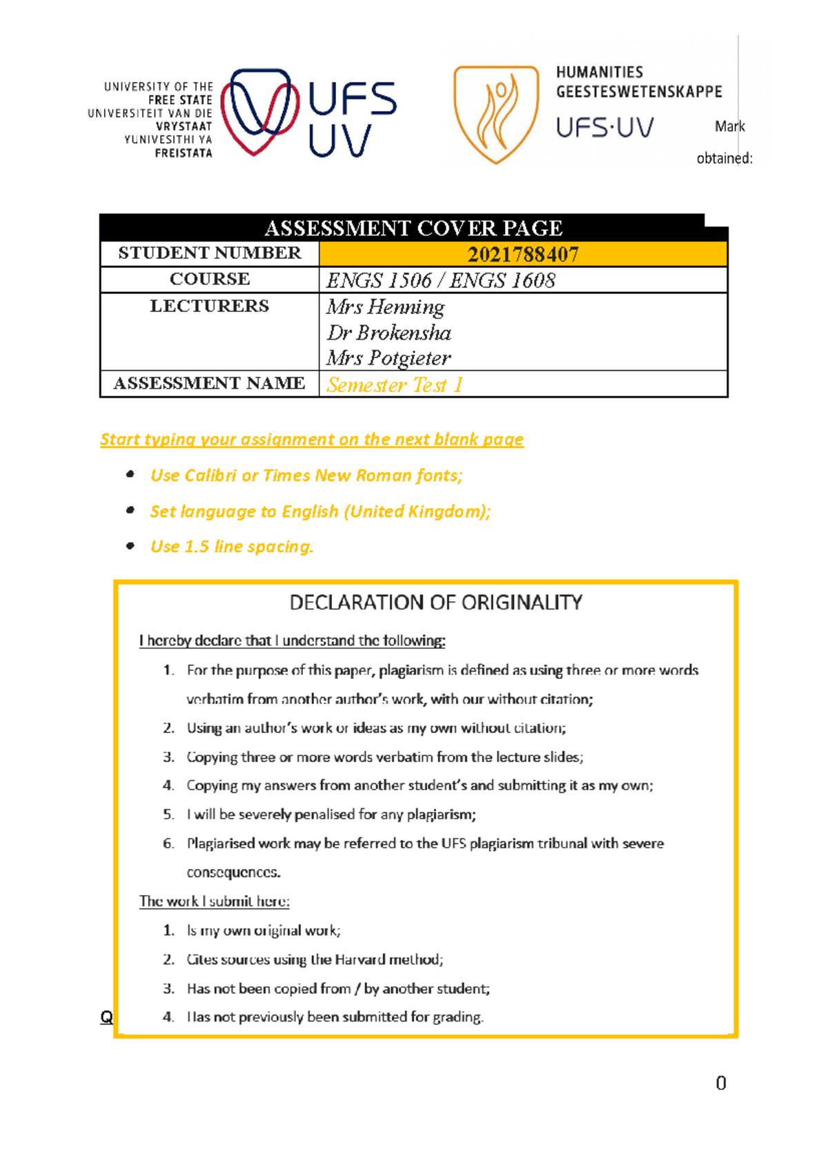 Semester Test 1 - test answers - ASSESSMENT COVER PAGE STUDENT NUMBER ...