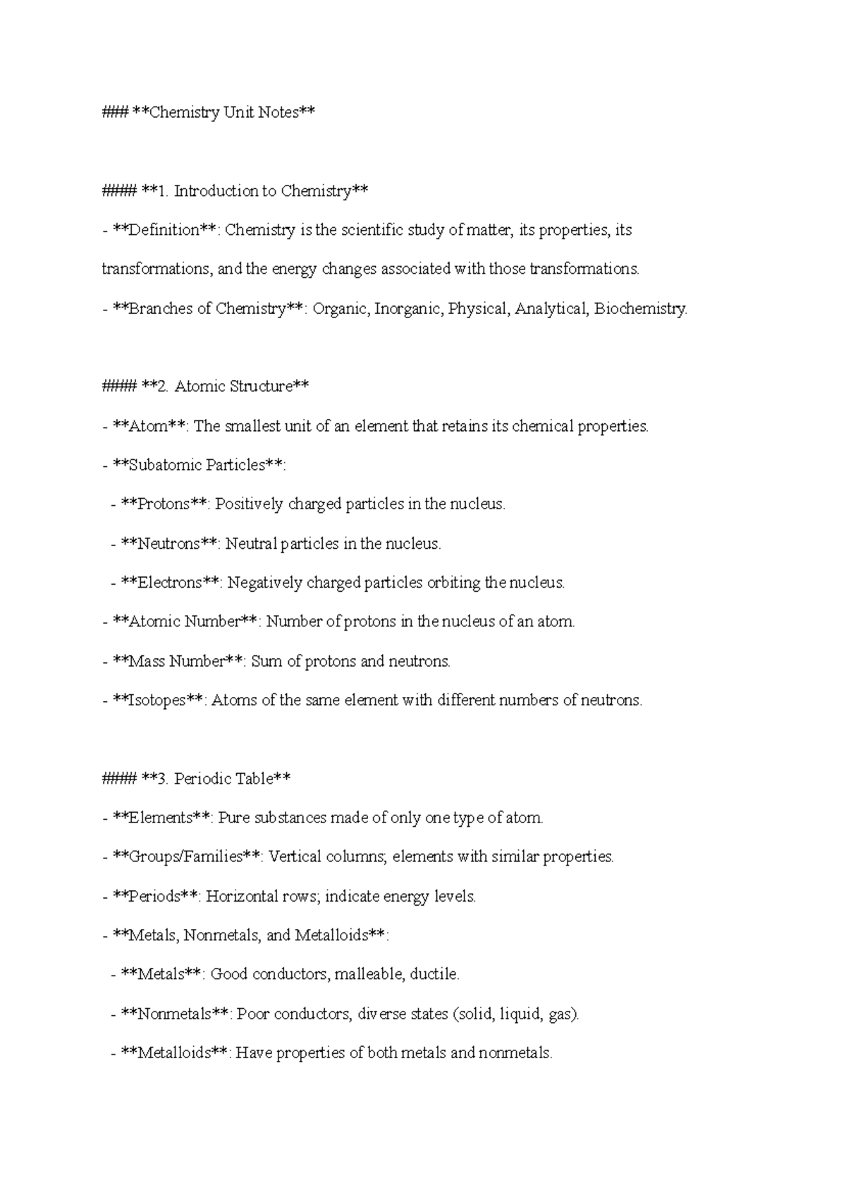 Intro to Chemistry Notes - Chemistry Unit Notes 1. Introduction to ...