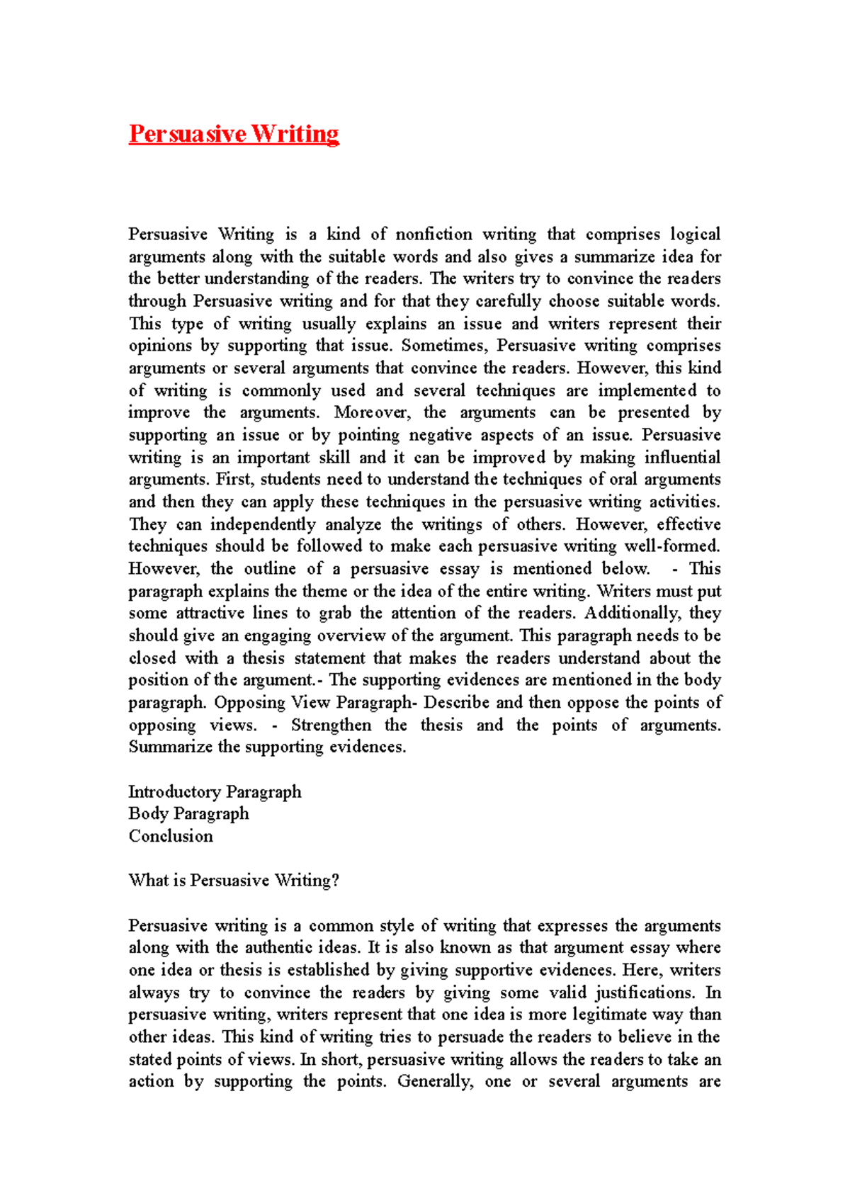 Persuasive Writing - note - Persuasive Writing Persuasive Writing is a ...