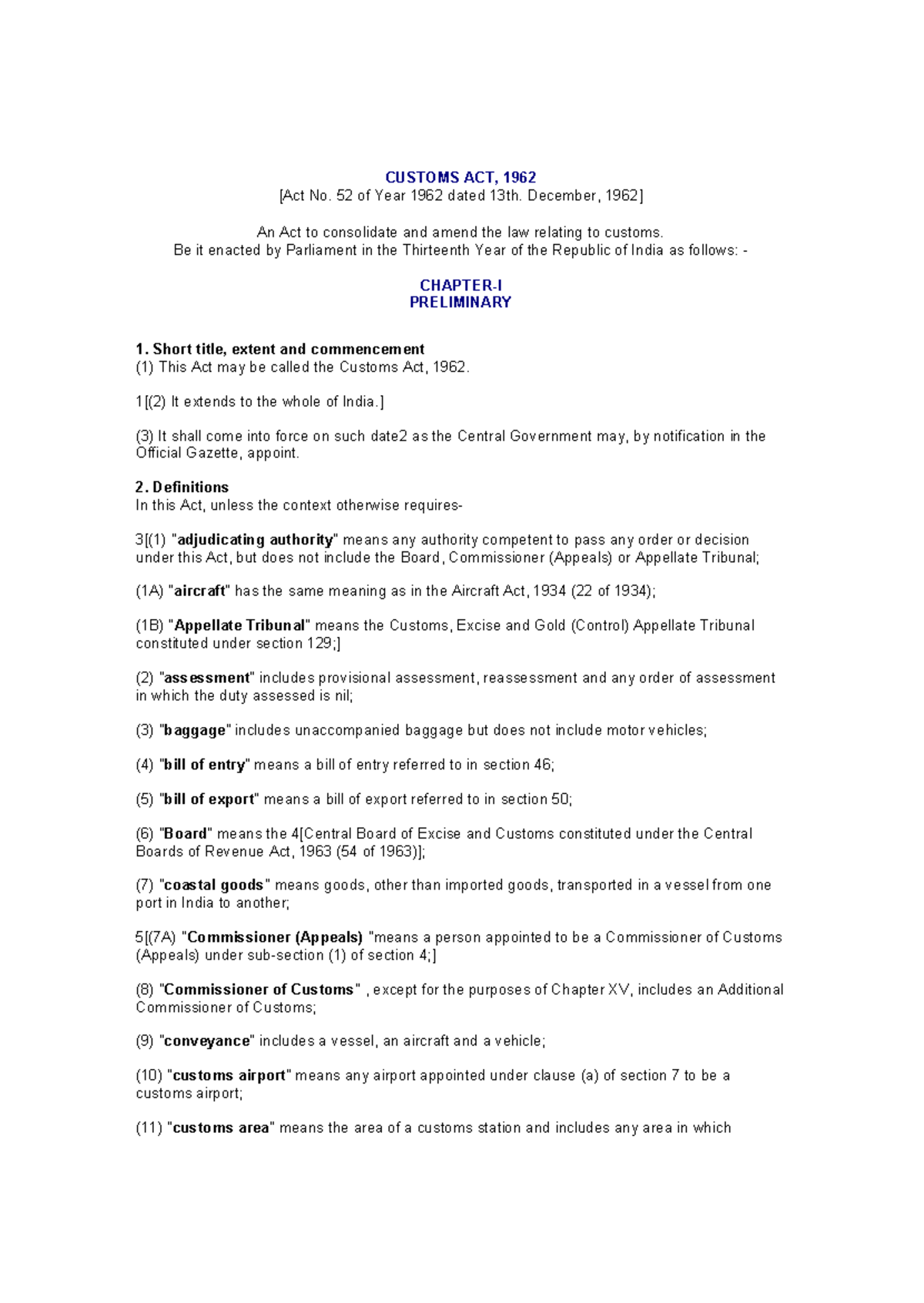 11. Customs ACT, 1962 - CUSTOMS ACT, 1962 [Act No. 52 of Year 1962 ...