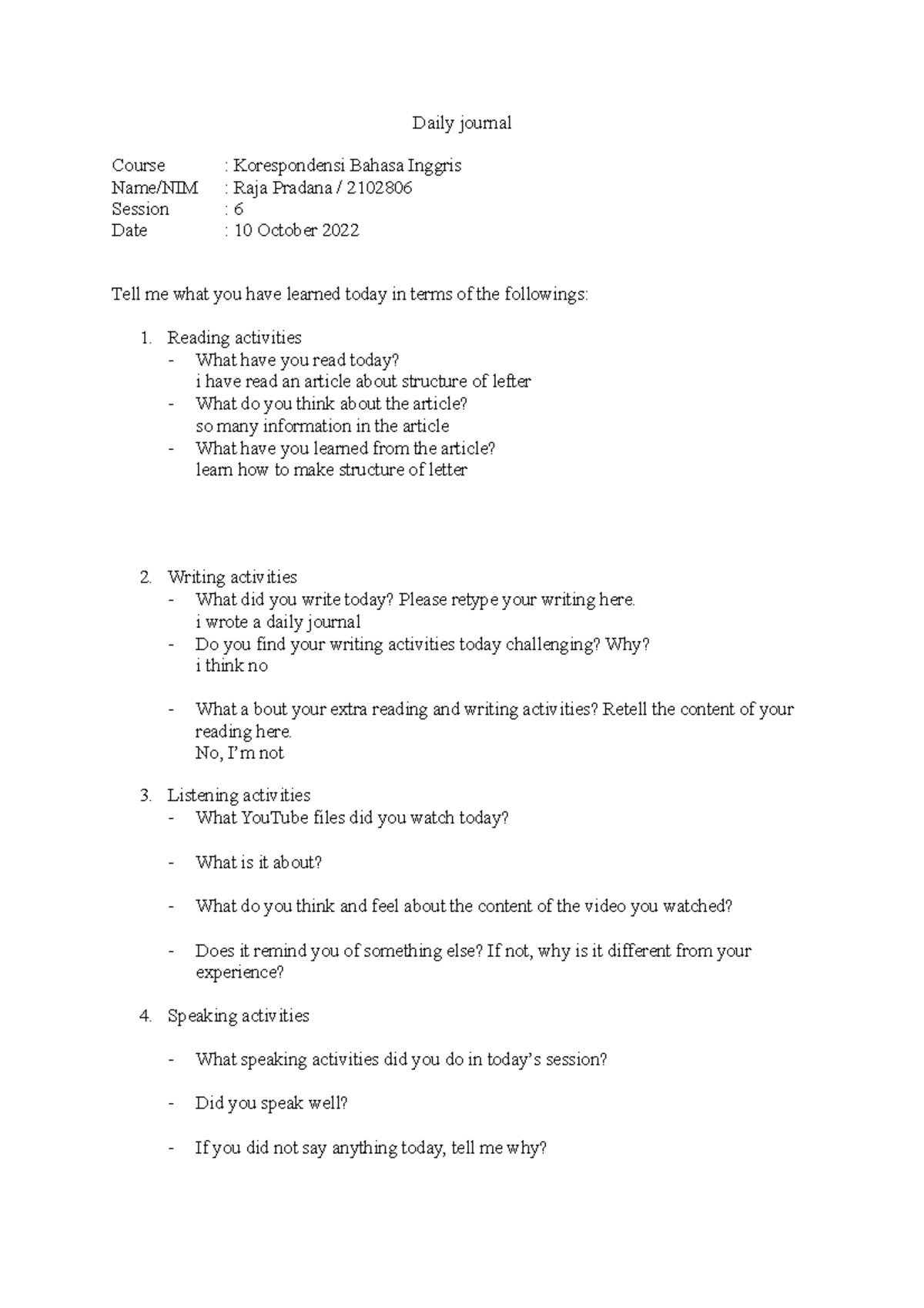 Daily journal at English Course to reflect student's understanding ...