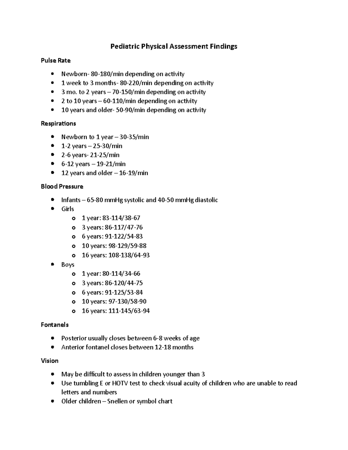 Pediatric assessment Study Guide - Pediatric Physical Assessment ...